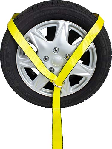Mytee Products (4 Pack 2" x12' Winch Lasso Strap with O Ring, Yellow - Car Tie Down Tire Straps for Trailers Auto Tow Car Hauler Wheel Net