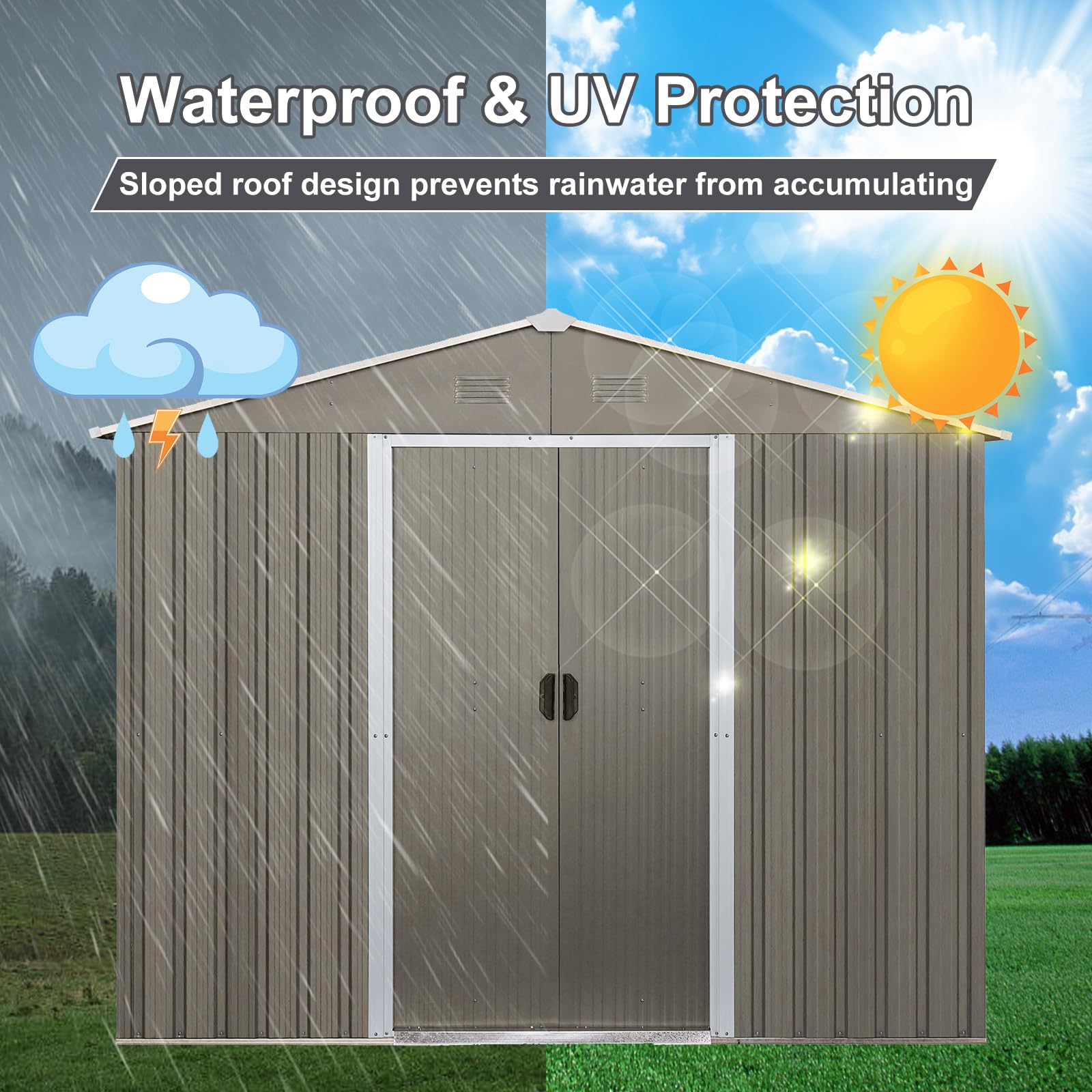 7'x5' Outdoor Metal Storage Shed with Floor Base, 4 Punched Vents and Pad-Lockable Sliding Doors, Tool House w/Eco-Friendly Painting, Waterproof&UV Resistant, for Backyard, Lawn, Patio, Gray