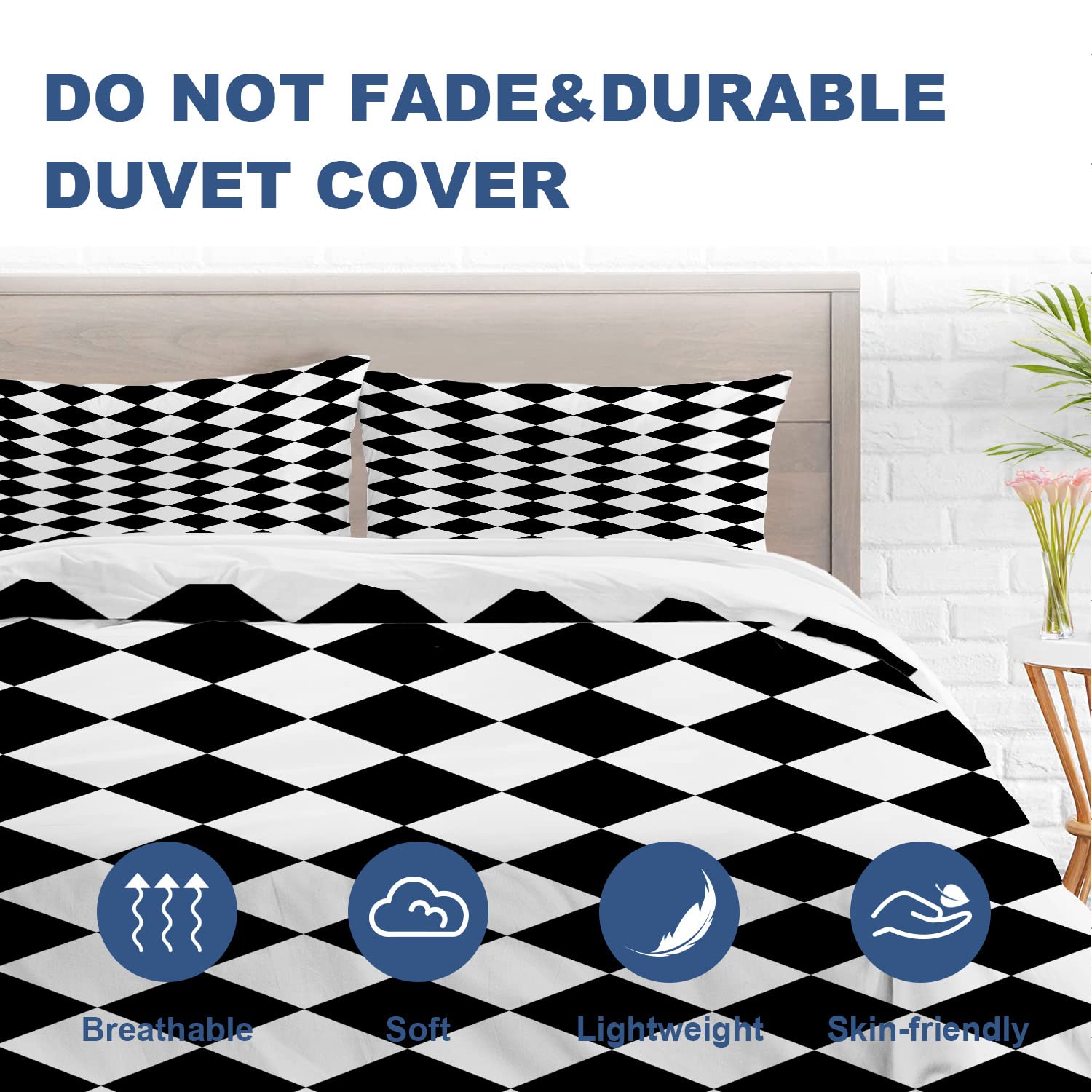 Batmerry Black White Diamond Queen Size 3 Pieces Bedding Comforter Cover Sets,Soft Fluffy Abstract Black and White Harlequin Pattern Printed Duvet Cover for All Season