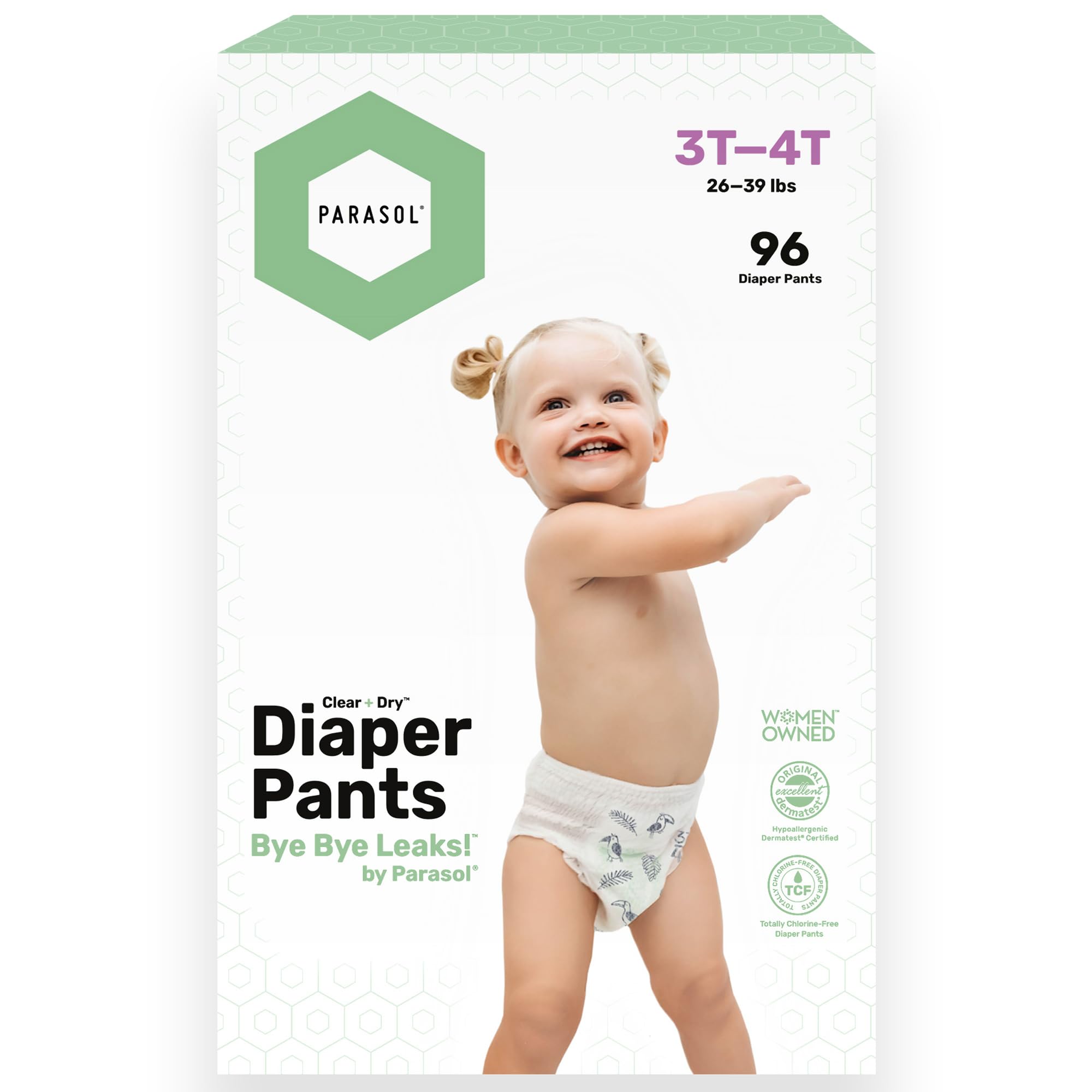 Parasol Clear+Dry™ Diaper Pants | Natural Training Diaper | Pure Ingredients, Water Based Ink, Non-Woven Fabric with Dermatest Excellent Seal | Rash Protection Diaper Set, Size 5 (26+ lbs.) 96 Count
