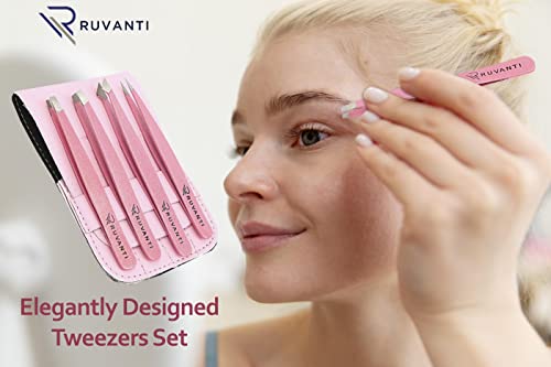 Ruvanti Tweezers 4 Pieces Set for Men/Women - Best for Plucking Eyebrow Facial & Ingrown Hairs, Slant Tip Pointed Straight & Precise - Pink
