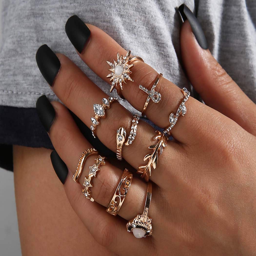 49Pcs Vintage Crystal Knuckle Rings Set Gemstone Boho Stackable Finger Rings Midi Ring for Women Hollow Carved Flowers Gold&Silver Ring Crystal Joint Rings