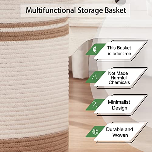 OIAHOMY Laundry Basket- Rope Basket Large Storage Basket with Handles,Modern Decorative Woven Basket for Living Room,Storage Baskets for Toys, Throws, Pillows,and Towels -18"×16"-White&Yellow