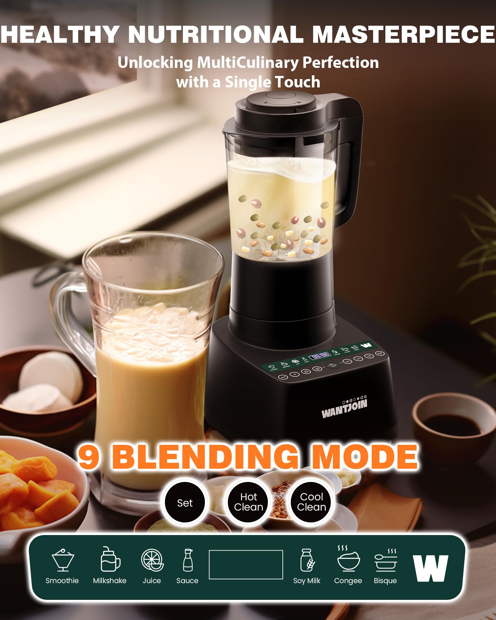 WantJoin 60 Oz Multifunctional Cooking Blender - High-Speed Countertop Blender 24000RPM, 9 One Touch Programs with 12H Delay Cook, Hot&Cold, Commercial Blenders Machine for Shakes and Smoothies