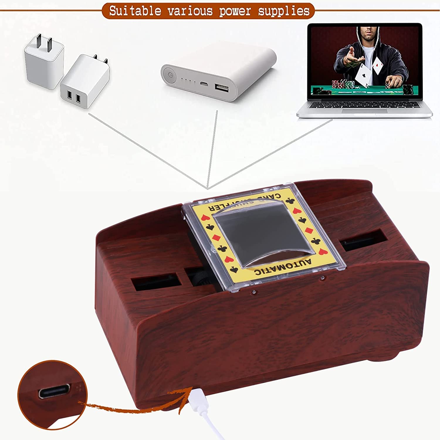 HJCMikee 1 to 2 Deck Automatic Card Shuffler Luxury Wood Grain Professional Casino Poker Cards Shuffle Machine Playing Blackjack Game Battery Operated Or USB Electric Equipment