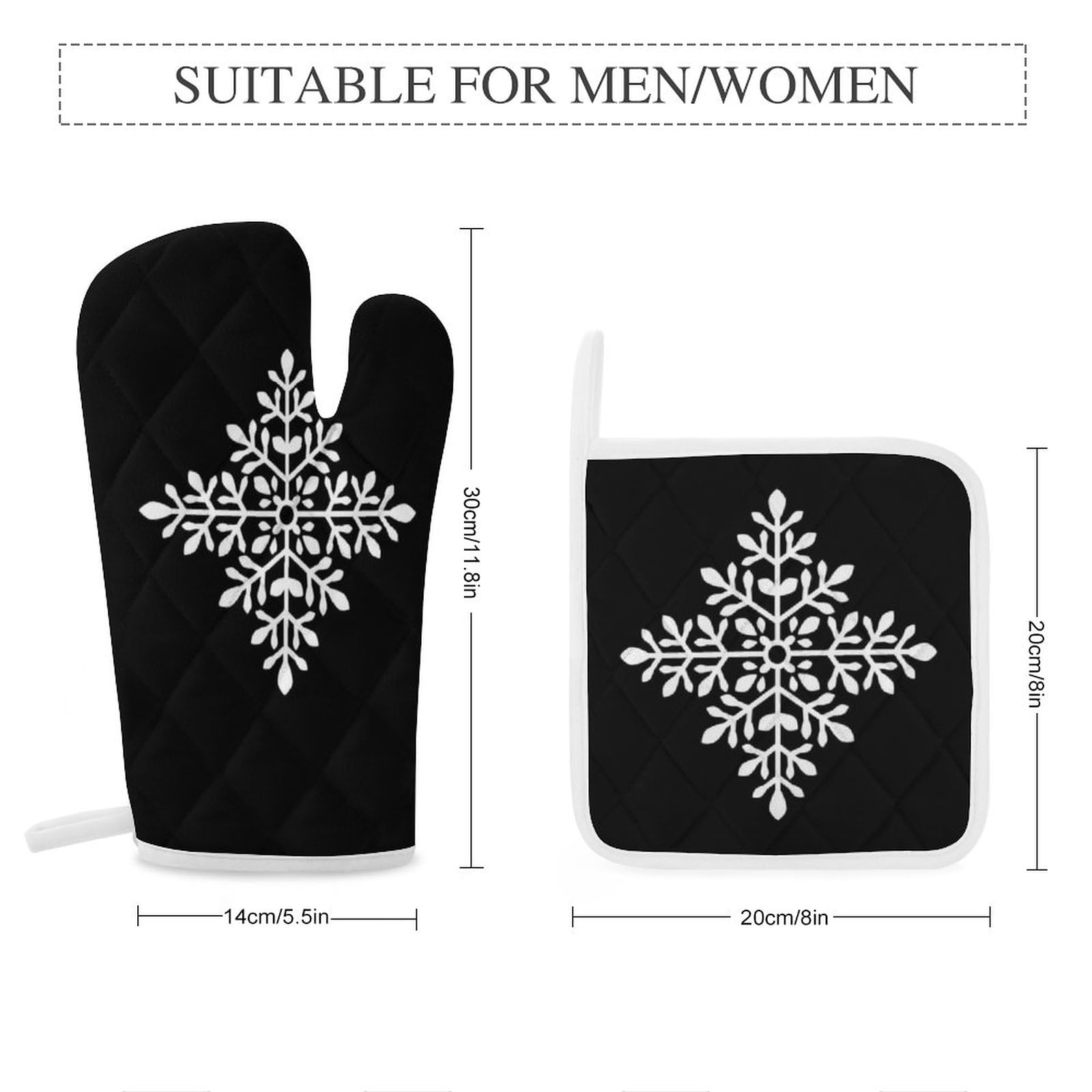 4PCS Oven Mitts and Pot Holders Sets, White Christmas Snowflake Black Oven Mitts Set Heat Resistant Kitchen Microwave Gloves Safe for Baking,Cooking, BBQ