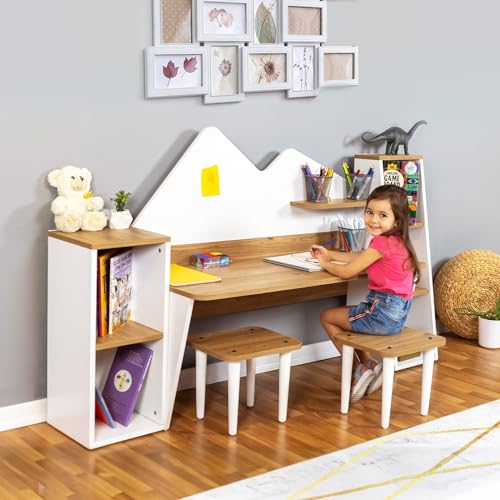 LAWA FURNITURE Kid's Study Desk with Bookshelf + 2 Stools for Ages 3-8, Wooden Children Activity Table with Hutch and Shelves, Kids Bedroom Study Desk with Storage