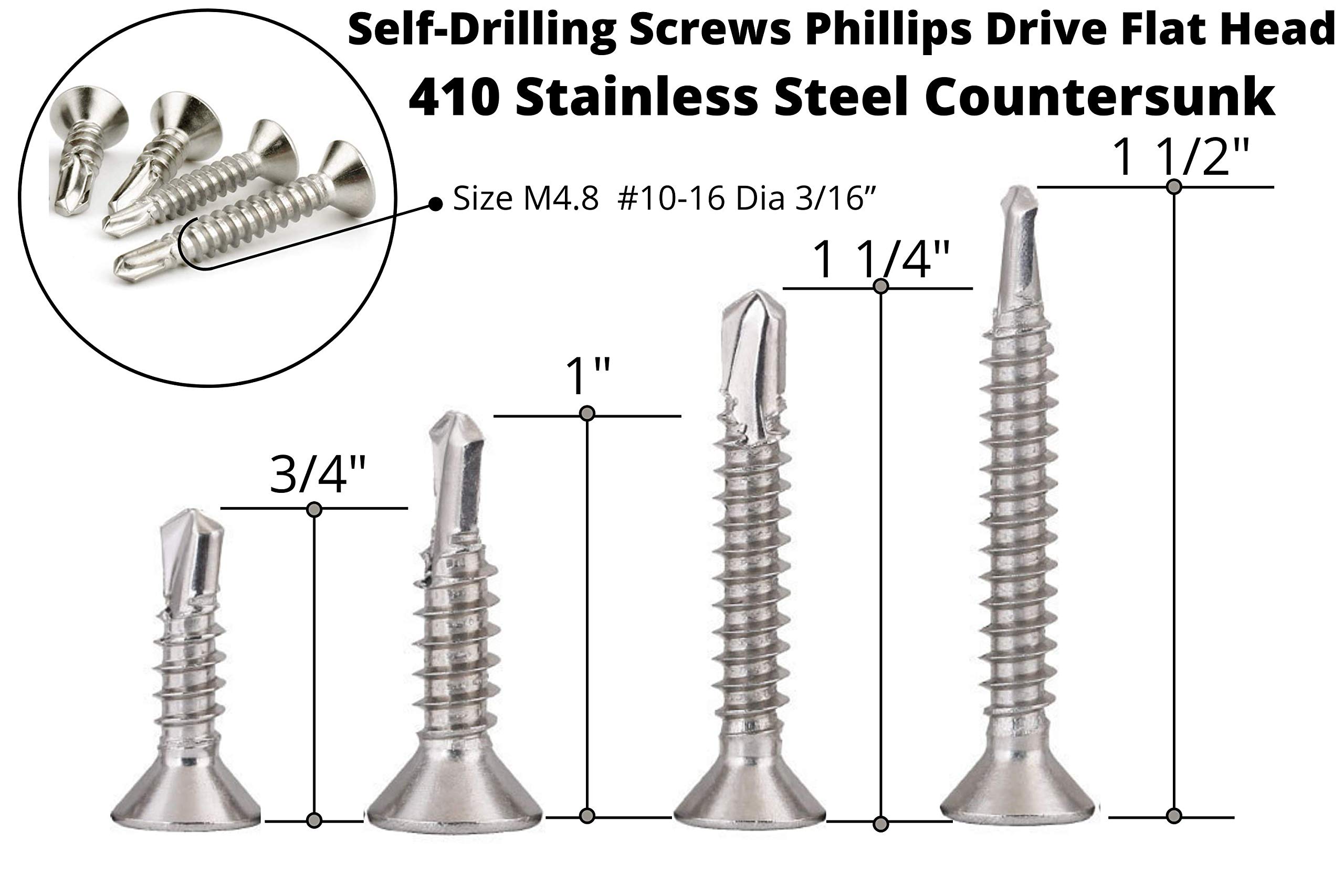 Metal Tek Screws Sheet Metal Self-Drilling Screws Phillips Drive Flat Head 410 Stainless Steel Countersunk, #3Drill Point Thread Size #10-16 Dia 3/16β(Pack 100,1 1/4")