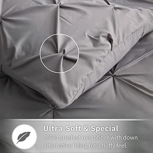Maple&Stone Twin XL Comforter Set Gray Pinch Pleat 5 Pieces Bed in A Bag for All Season,Pintuck Comforter Set Gray Twin XL with Down Alternative Comforter, Sheets, Pillowcases & Shams