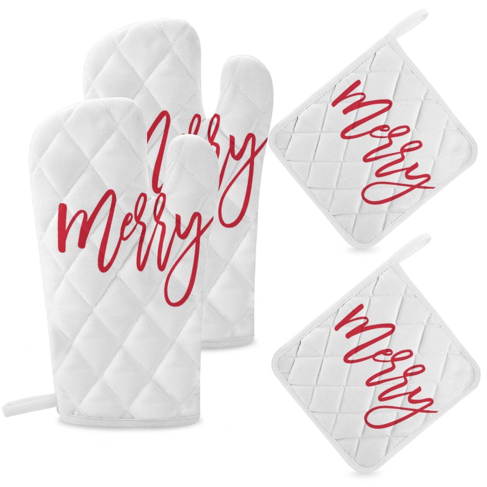 4PCS Oven Mitts and Pot Holders Sets, Merry Modern Red Holiday Christmas Oven Mitts Set Heat Resistant Kitchen Microwave Gloves Safe for Baking,Cooking, BBQ
