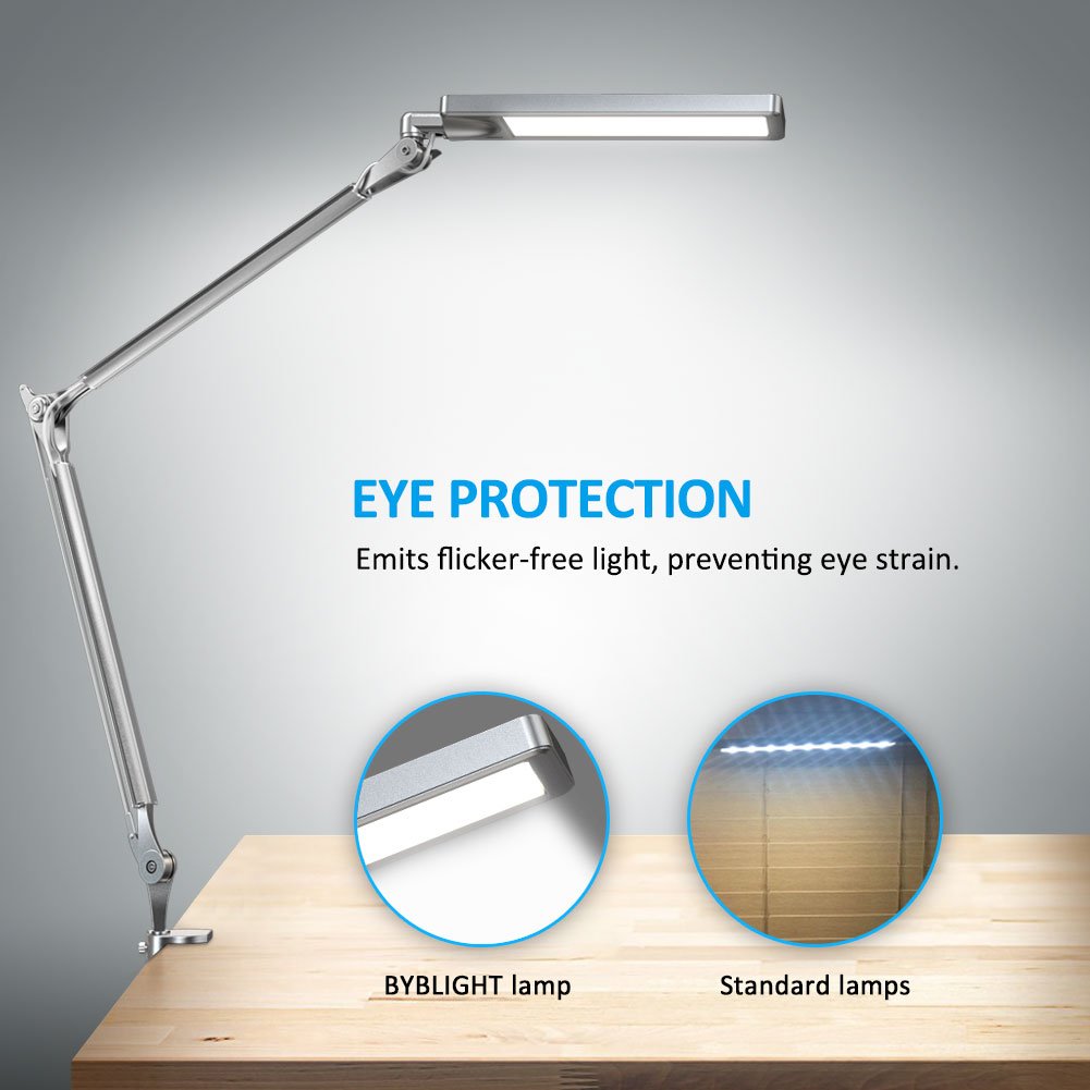 BYB Metal LED Desk Lamp, Architect Swing Arm Lamp with Clamp, Eye-Care Drafting Task Lamp with 4 Color 6 Brightnss, Touch Control, Memory Function for Home Office, Monitor Studio Reading (Silver)