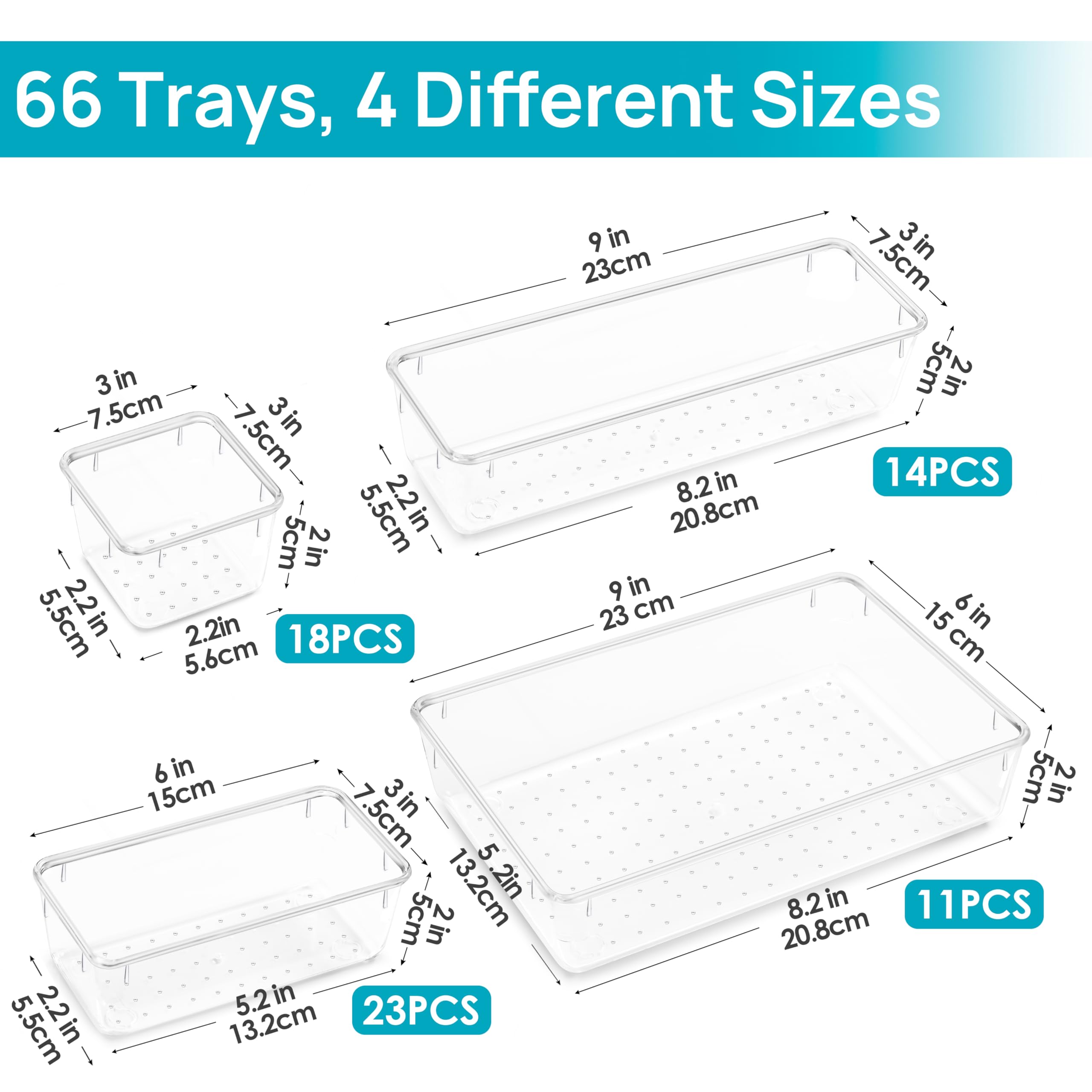 Vtopmart 66 PCS Clear Plastic Drawer Organizers Bins, 4-Size Versatile Bathroom and Vanity Organizer Trays, Non-Slip Storage Containers for Makeup, Jewelries, Bedroom,Kitchen Utensils and Office