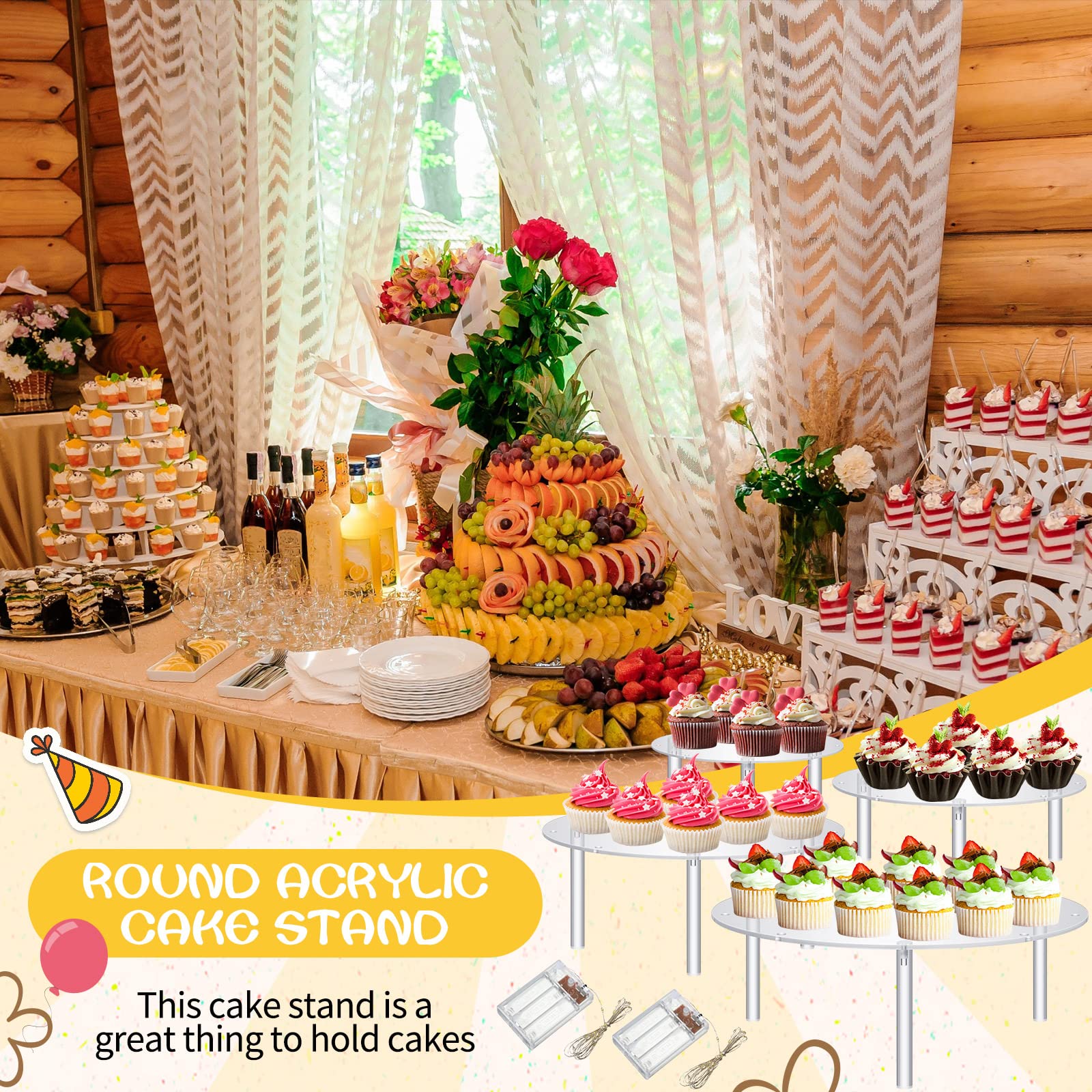 4 Pieces Round Acrylic Cake Stand for Dessert Table, Clear Cupcake Display Stand, 4 Tier Risers Pizza Holder with LED Light String for Wedding Birthday Party, 4 Sizes