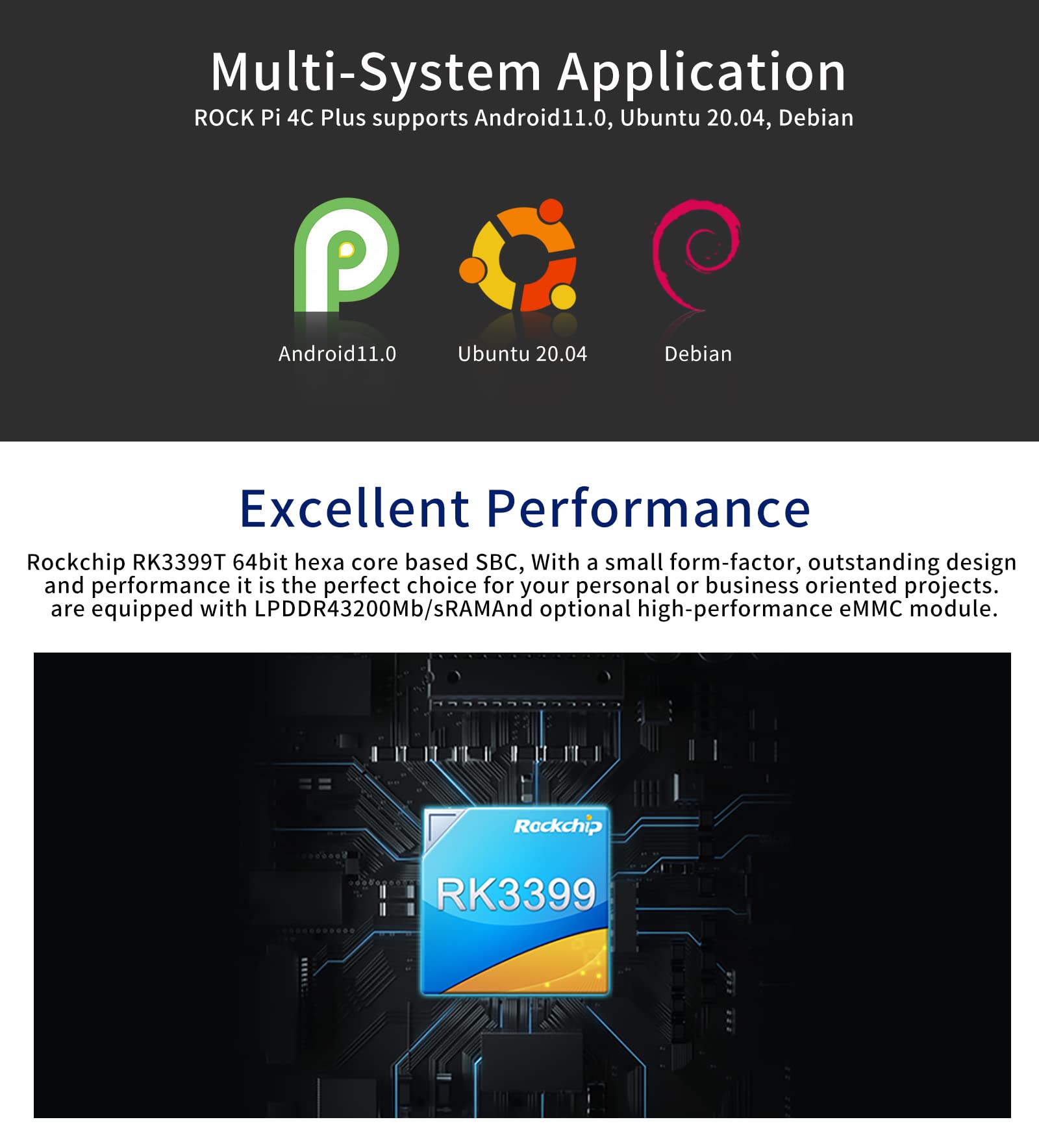 youyeetoo Rock PI 4C Plus (4C+) SBC, 4GB LPDDR4, Optional EMMC Capacity, Dual Screen,WI FI BT5.0 (UFL),Android 11/Ubuntu 20.04/Debian Bullseye