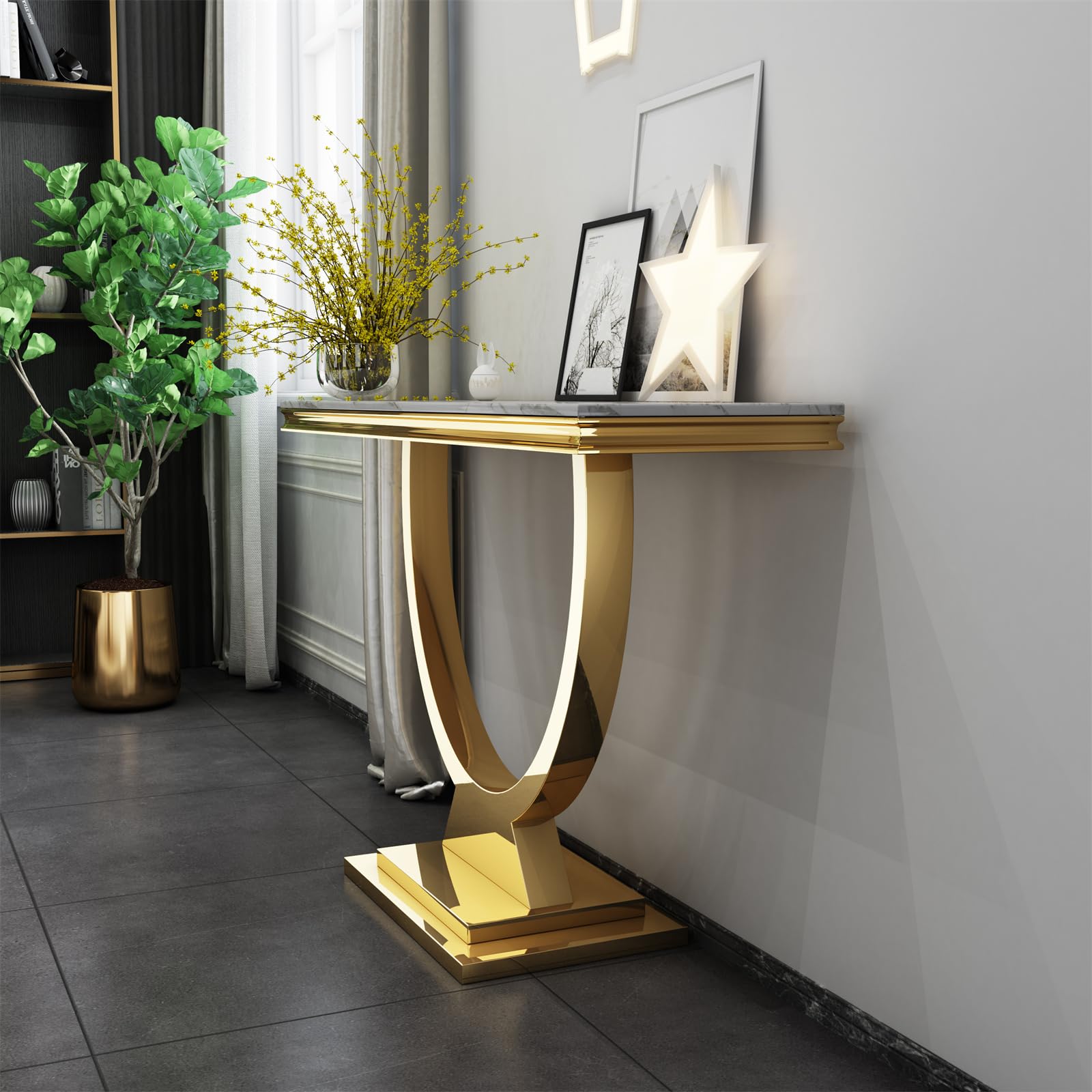 47 Inch Marble Console Table w/Gold U-Shaped Stainless Steel Base Mid-Century Modern Entryway Table for Living Room Hallway Luxury Foyer Table Sofa Table witn High Glossy Finish (White&Gold)