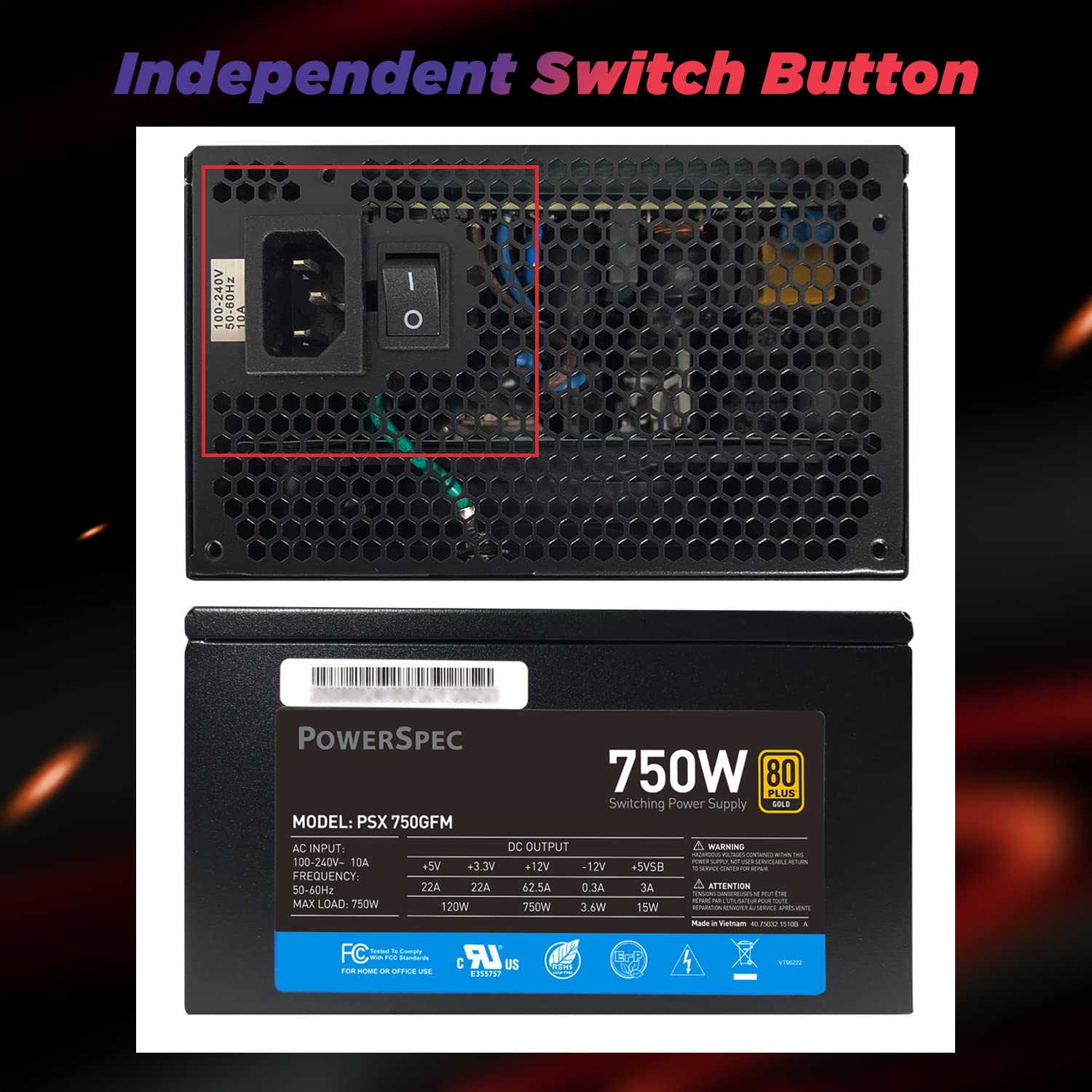 PowerSpec 750 Watt 80 Plus Gold Fully Modular ATX Power Supply Active PFC SLI Crossfire Ready Gaming PC PSU Computer Power Supplies, PS 750GFM
