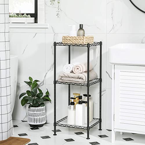 SONGMICS 3-Tier Bathroom Shelf, Wire Shelving Unit, Metal Storage Rack for Small Space, Total Load Capacity 132 lb, 11.8 x 11.8 x 28.7 Inches, with 3 PP Sheets, Adjustable Shelf, Black ULGR103B01
