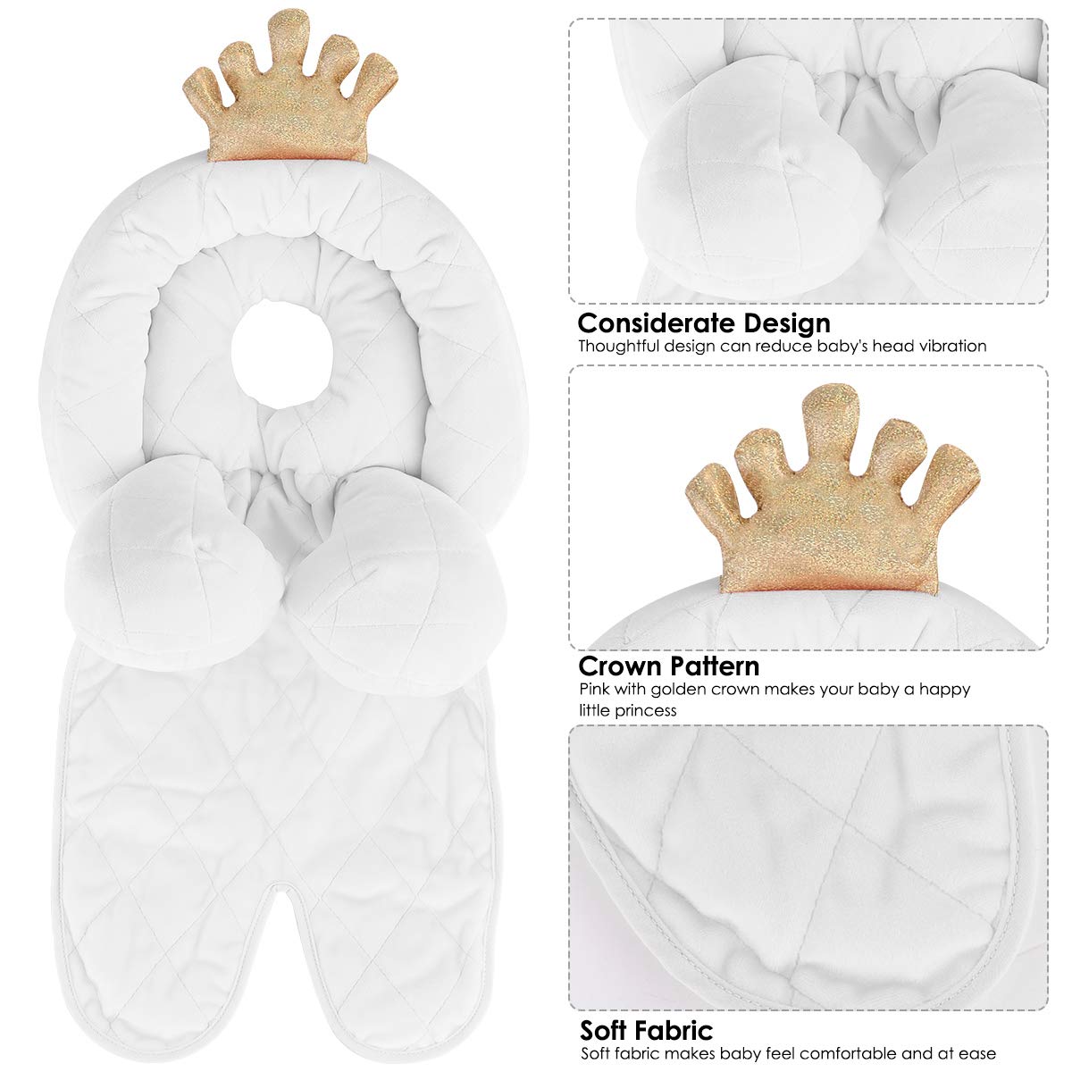 Infant Baby Head Support Pillow, Pink White Royal Princess, Toddler Breathable Head Neck and Body Support for Car Seats and Strollers