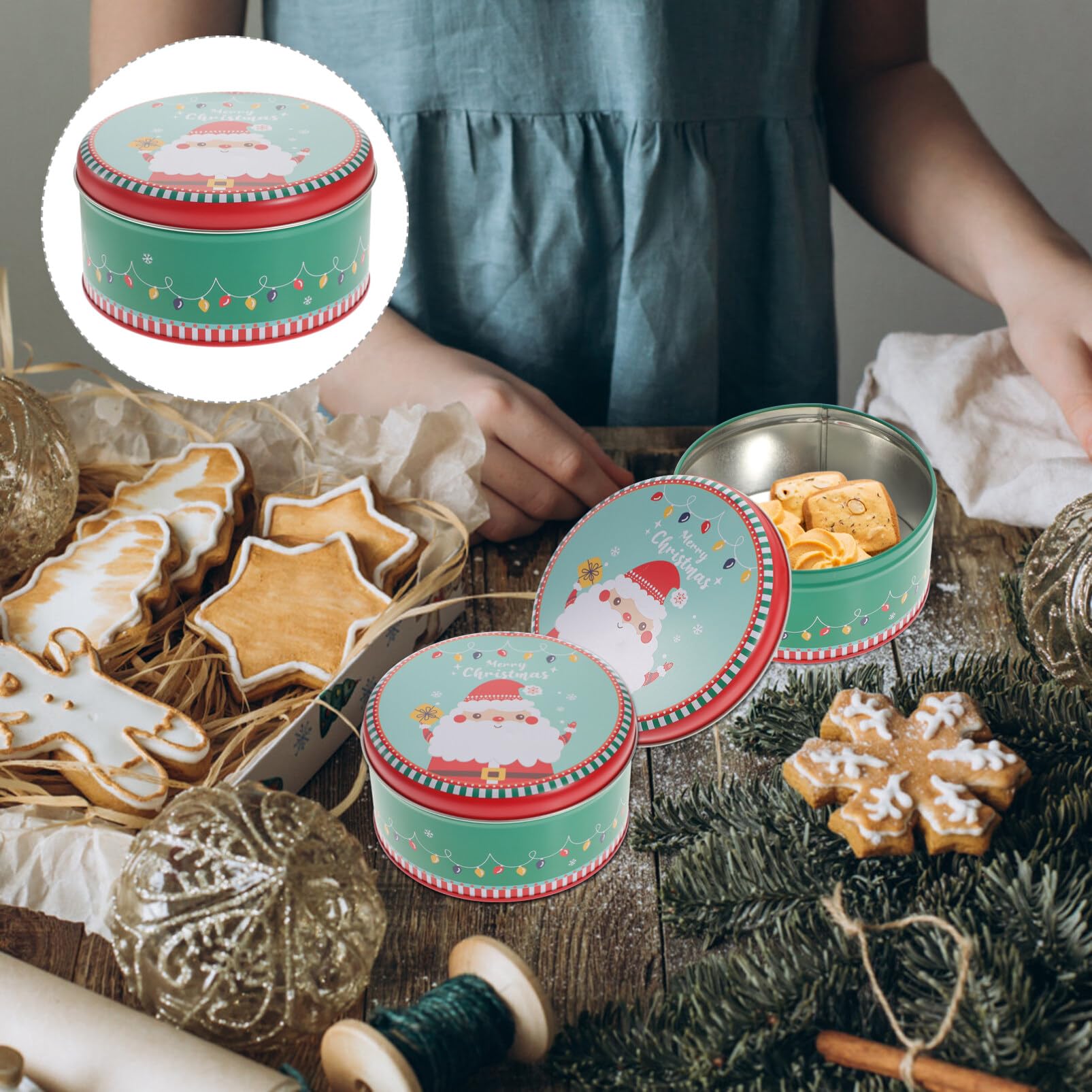 4pcs Round Christmas Cookie Tins- Metal Cookie Tins with Lids for Giving- Decorative Christmas Storage Containers for Storing Candies Biscuits Treat Small and More