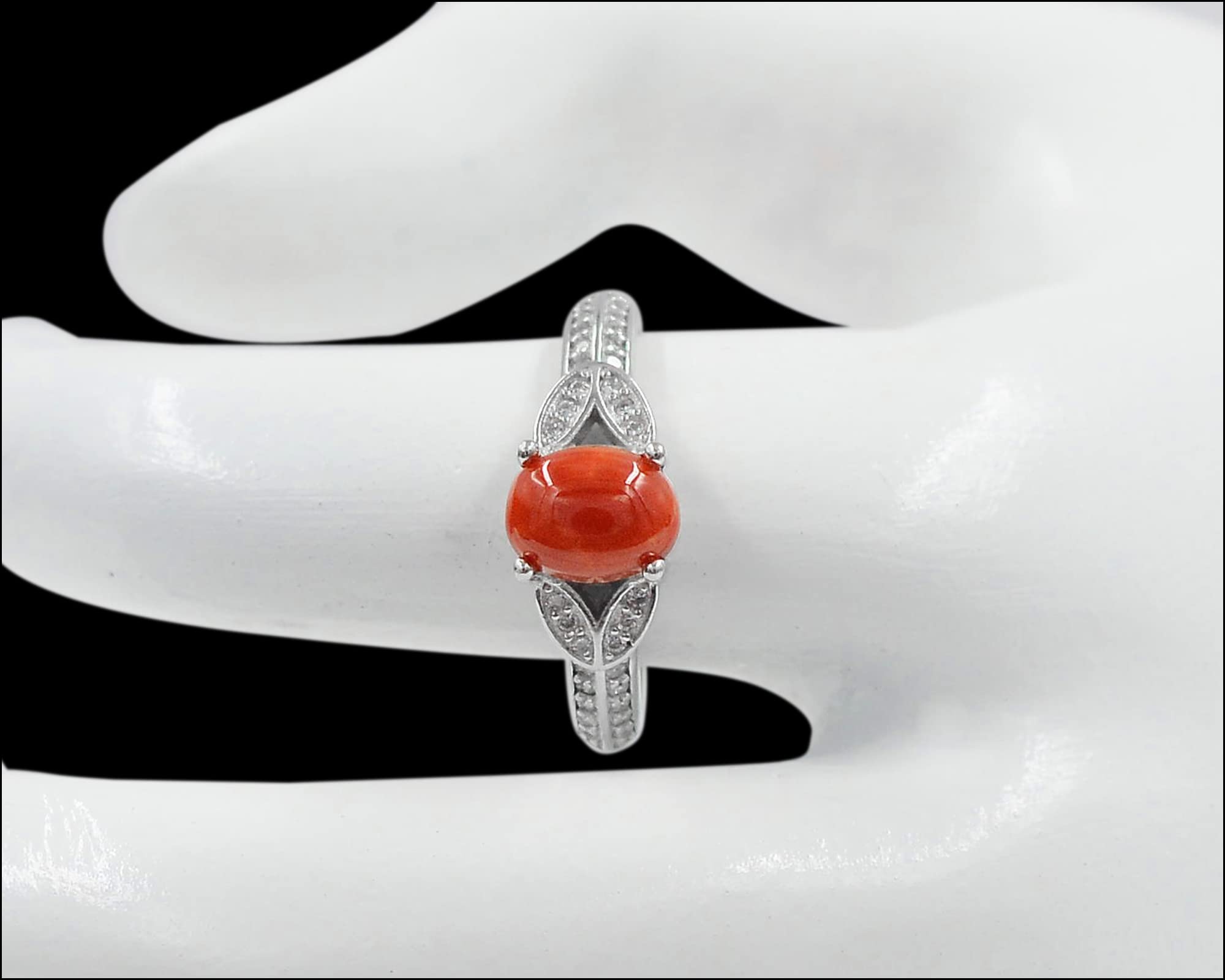 8X6 MM Oval Cut Natural Red Coral Cabochon Gemstone 925 Sterling Silver May Birthstone Solitaire Unisex Proposal Ring Birthday Gift For Wife (Yellow Gold Rhodium Plated Silver, 8)