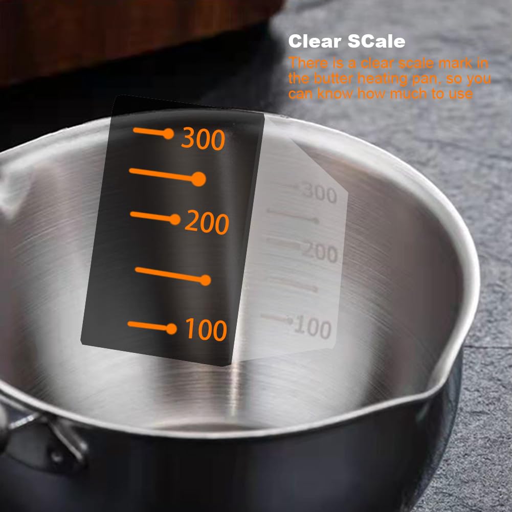 Butter Warmer Pot,Inside with clear scale Small Saucepan with Heat Resistand Wooden Handle and Dual Pour Spout Stainless Steel Small Milk Saucepan(size:300ml)