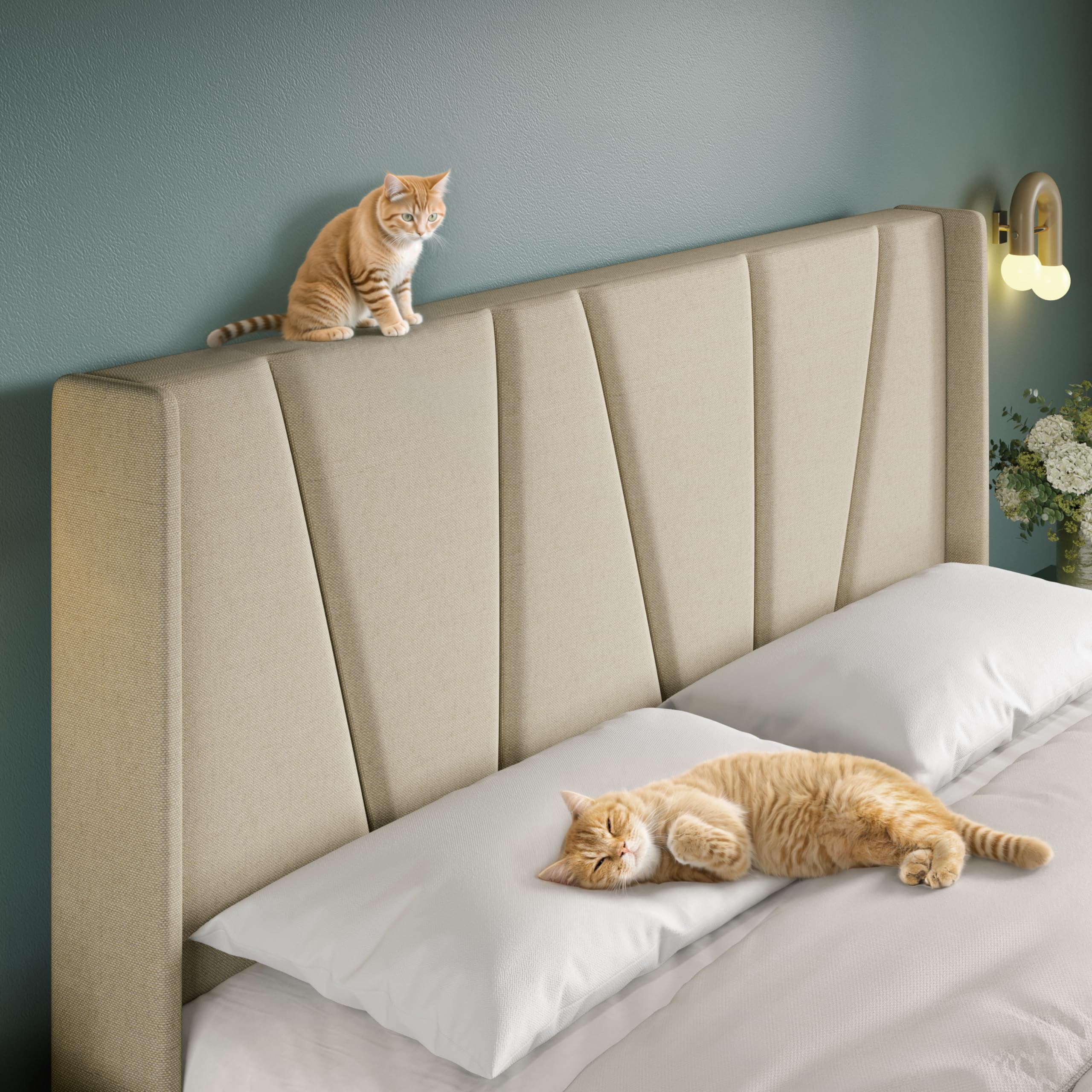 Allewie Queen Size Platform Bed Frame with Geometric Wingback Headboard, Modern Upholstered Bed with Wooden Slats Support, No Box Spring Needed, Easy Assembly, Beige