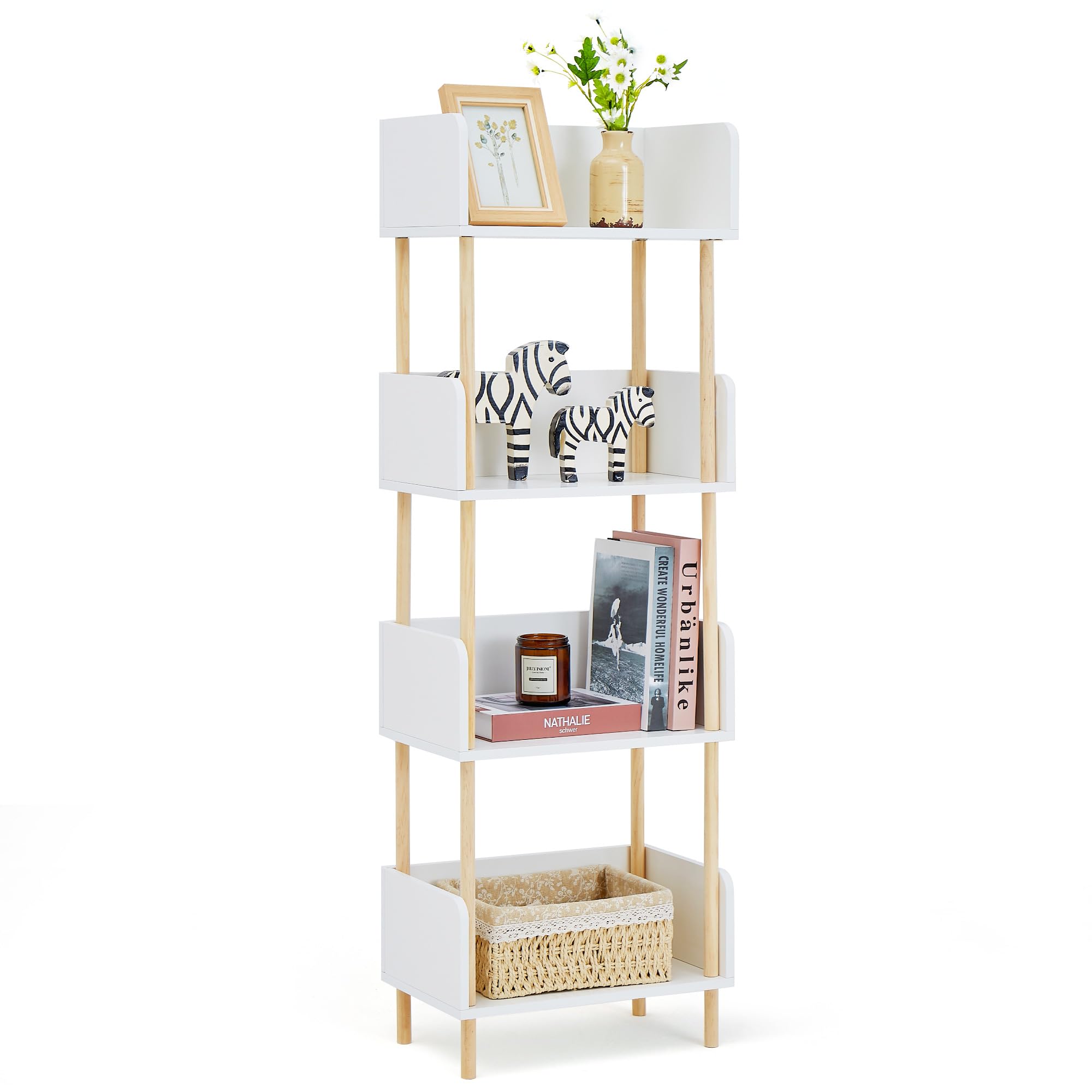SUNTAGE White Wooden Open Bookcase, Modern Freestanding Bookshelf w/Side Panels, Edge Protection & Solid Wood Frame, Wood Storage Shelves Display Stand for Bedroom, Living Room & Home Office (3 Tier)