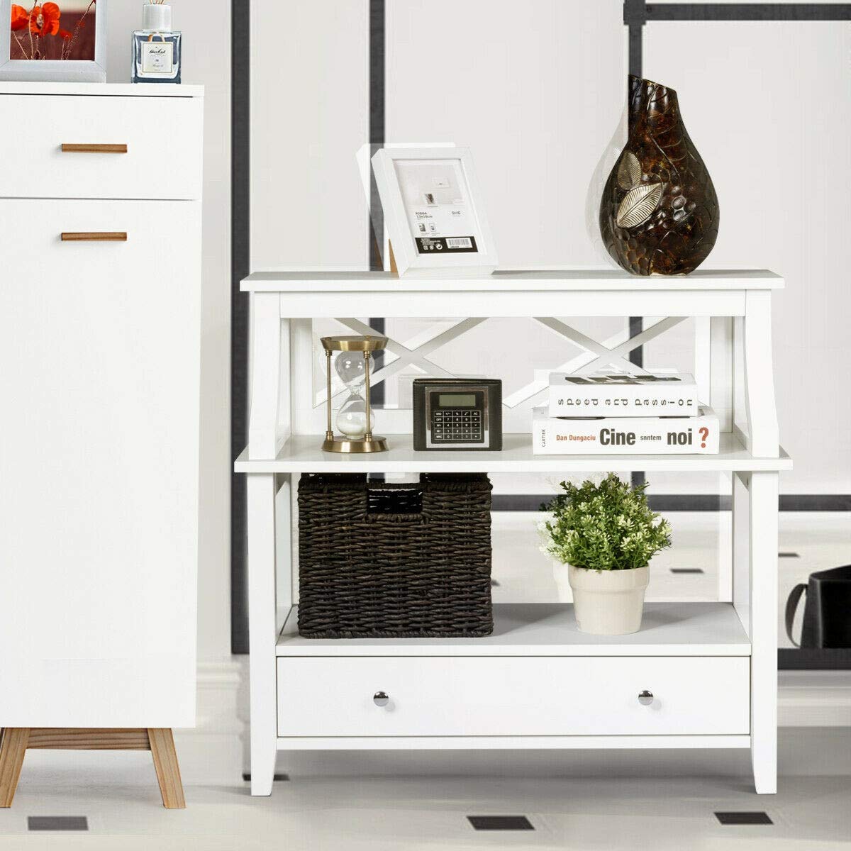3-Tier Multipurpose Rack Storage Rack End Table Side Table with Slide Drawer Furniture Home for Living Room, Bedroom, Office, White