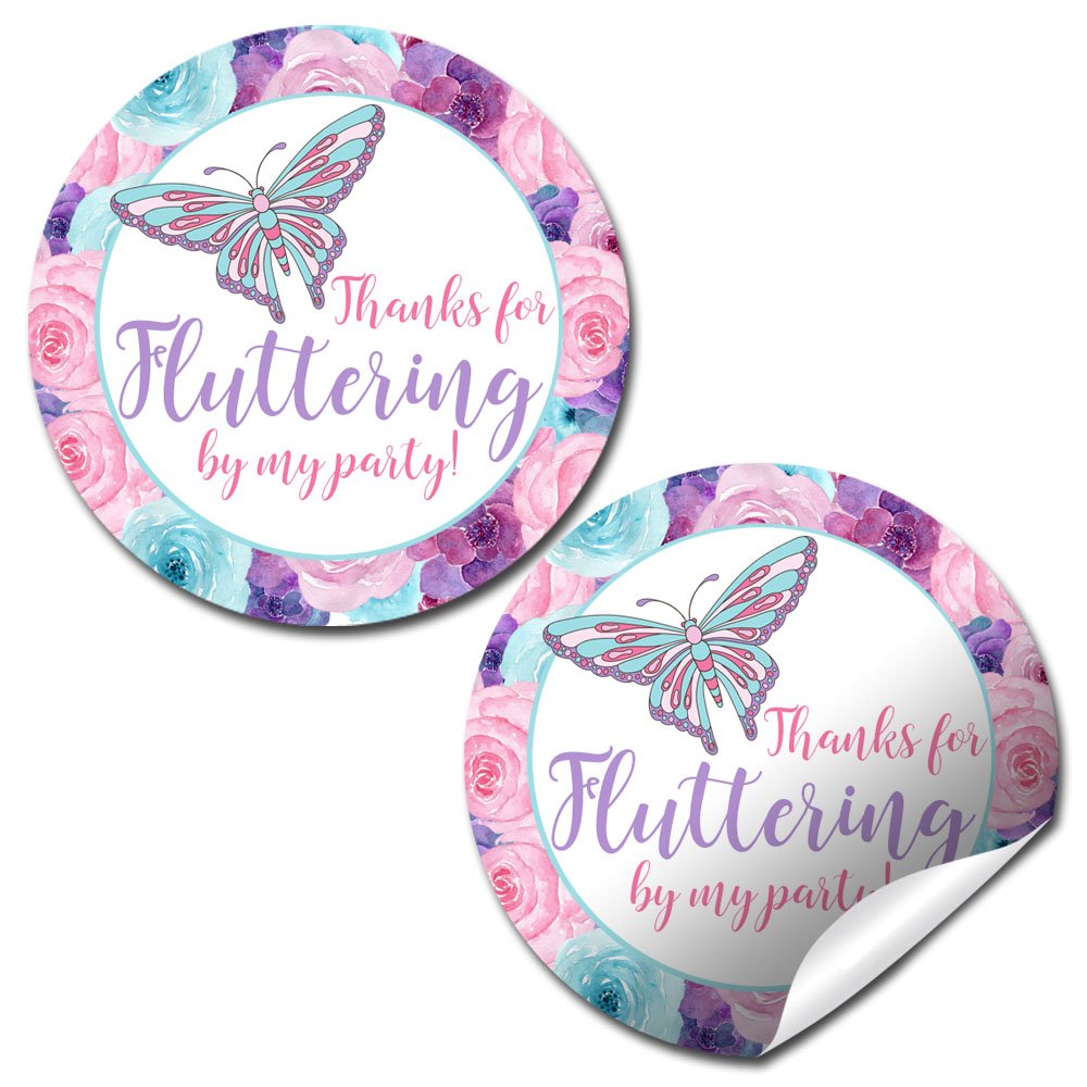Floral Watercolor Butterfly Thank You Sticker Labels, 40 2" Party Circle Stickers by AmandaCreation, Great for Party Favors, Envelope Seals & Goodie Bags