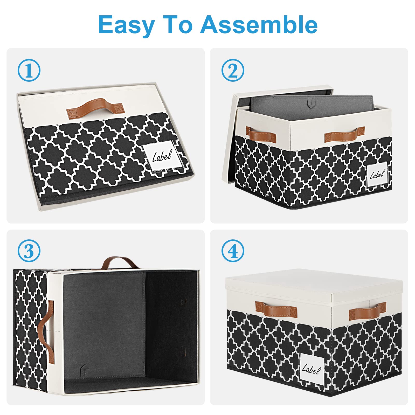 PFFVRP Large Storage Bins with Lids, Foldable Fabric Storage Baskets with Lids 6-Pack, Sturdy Storage Boxes with Labels and 3 PU Handles for Closet Home Bedroom Office (26L, Black Plaid&White)