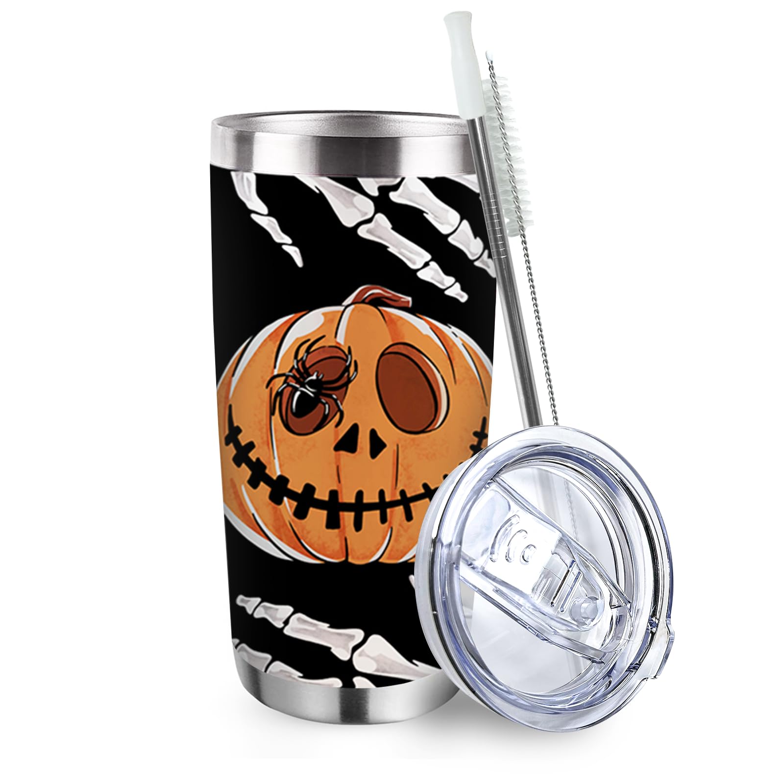 Zzkol Halloween Jack O Lantern Pumpkin Tumbler with Lid and Straw, Spooky Skull Skeleton Spider Stainless Steel Travel Coffee Cup, 20oz Gothic Holiday Double Wall Vacuum Insulated Mug Halloween Gifts