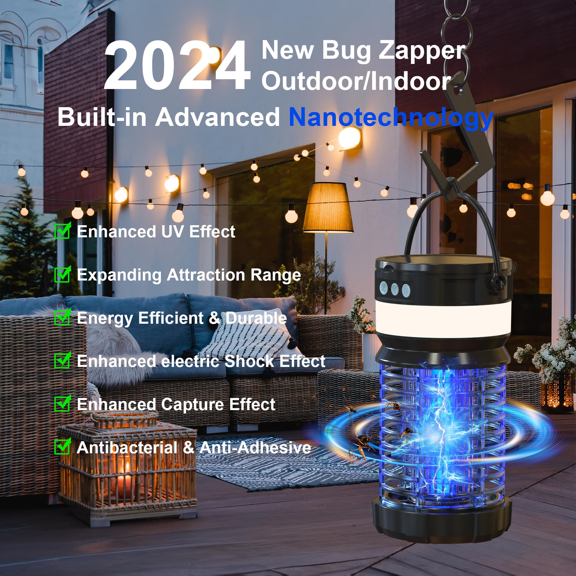 Solar Bug Zapper Outdoor, Mosquito Zapper, Electric Fly Zapper, Cordless & Rechargeable Mosquito Killer, Waterproof Fly Traps for Home Garden Patio Backyard Camping (1,Black2)