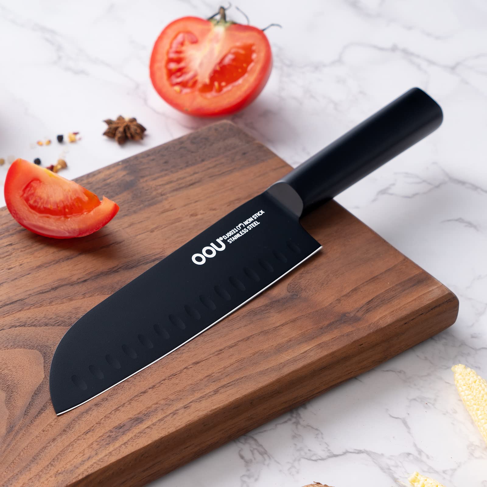 OOU Kitchen Knife Block Set - 15 Pieces High Carbon Stainless Steel Chef Knife Sets, Anti-Rust Black Knives Set with Built-in Sharpener Block, Black