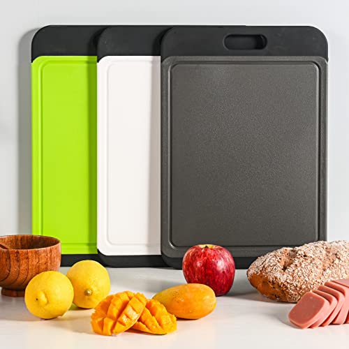 SOSECCE Cutting Board Plastic with Juice Grooves and One-Piece Non-Slip Silicone Handles, 14 x 9.5 x 0.4 Inch Kitchen Chopping Board, Dishwasher Safe BPA Free (Black+Grey)