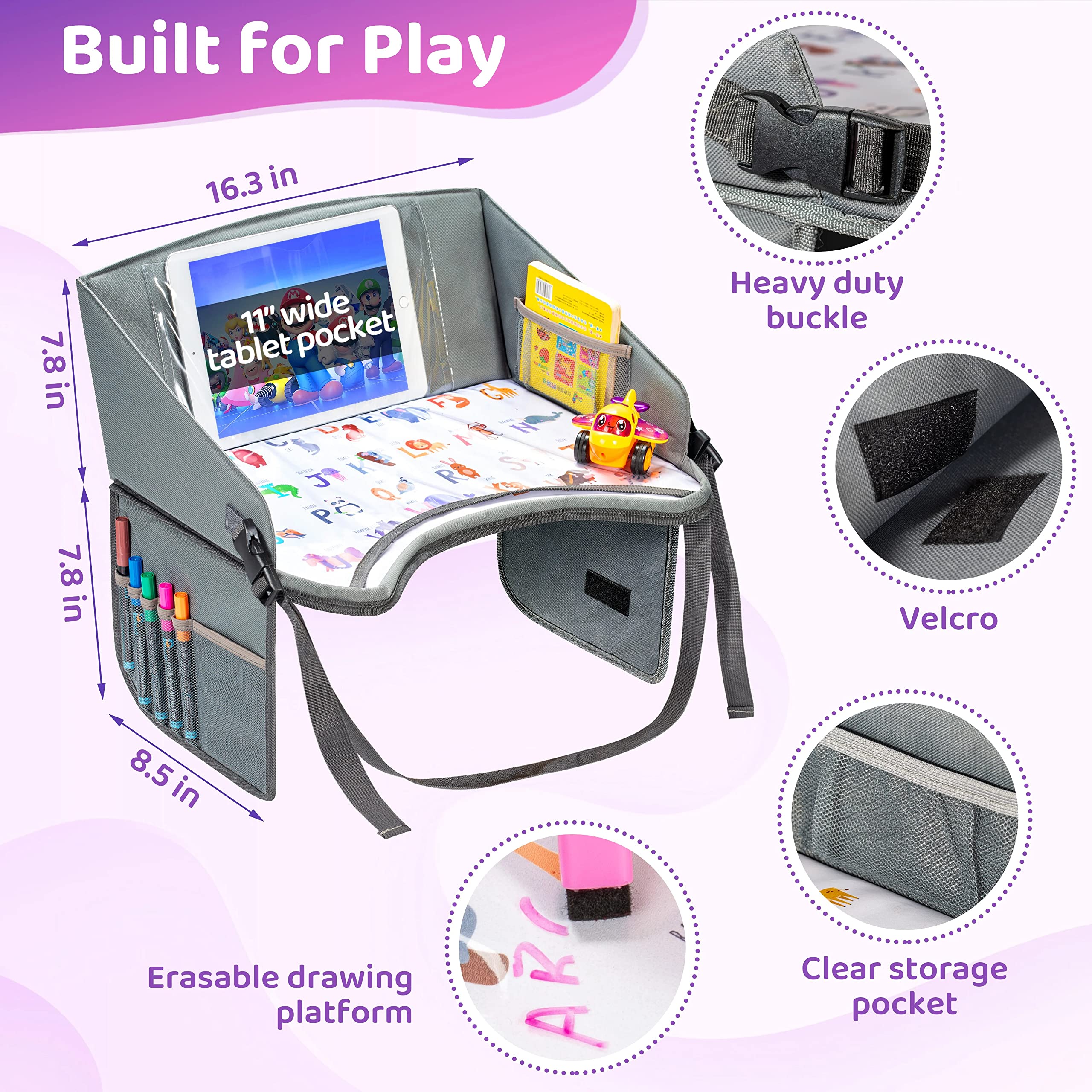 Kids Travel Tray for Car Seat with Dry Erase, Cup/iPad/Holder, 16x12 (Gray)