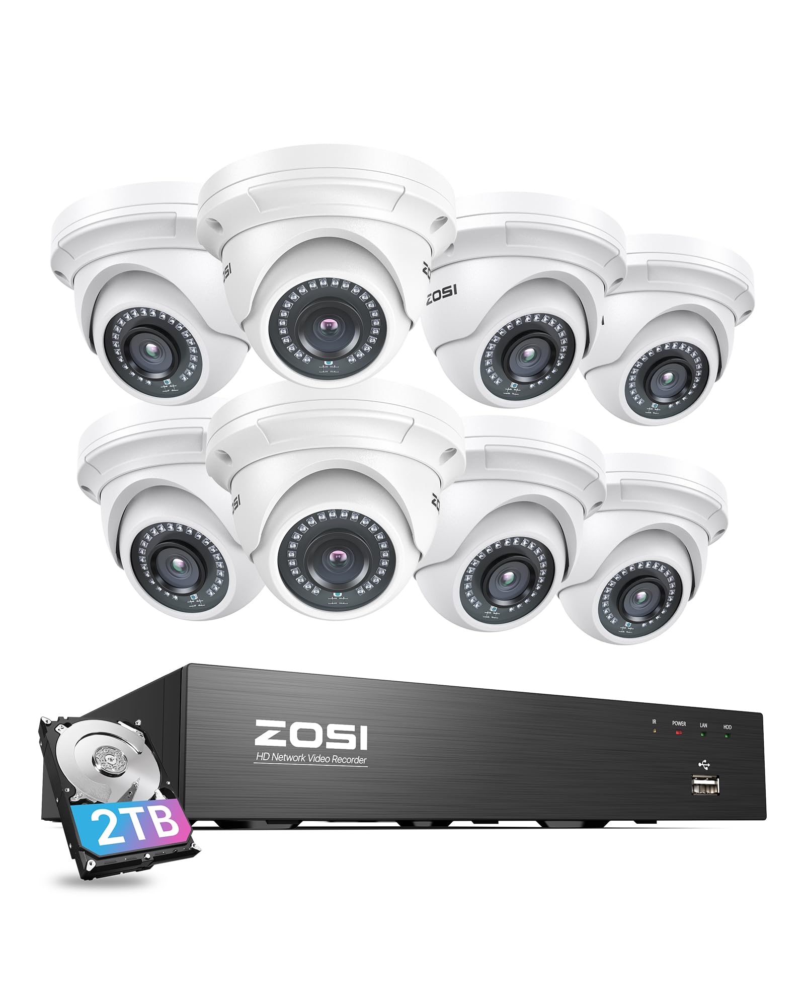 ZOSI 4K PoE Security Camera System with 2TB Hard Drive, 8 Ports 16CH 8MP NVR Recorder, 8pcs 3K 5MP Outdoor Indoor Home PoE Dome Cameras, Night Vision, Motion Alert, Remote Access, for 24/7 Recording