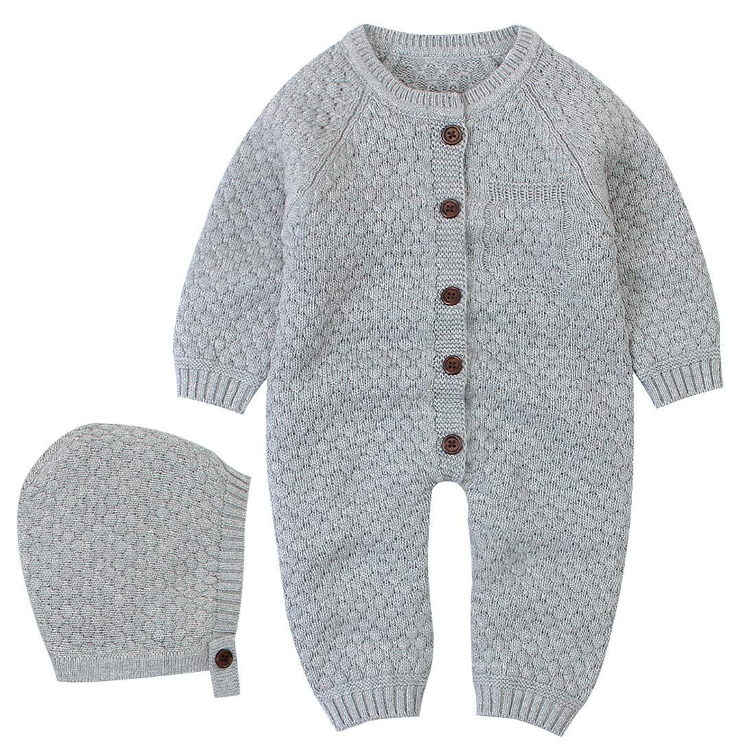 OLSCROM Baby Newborn Knitted Sweater Romper Longsleeve Outfit Cotton Jumpsuit with Warm Hat Set