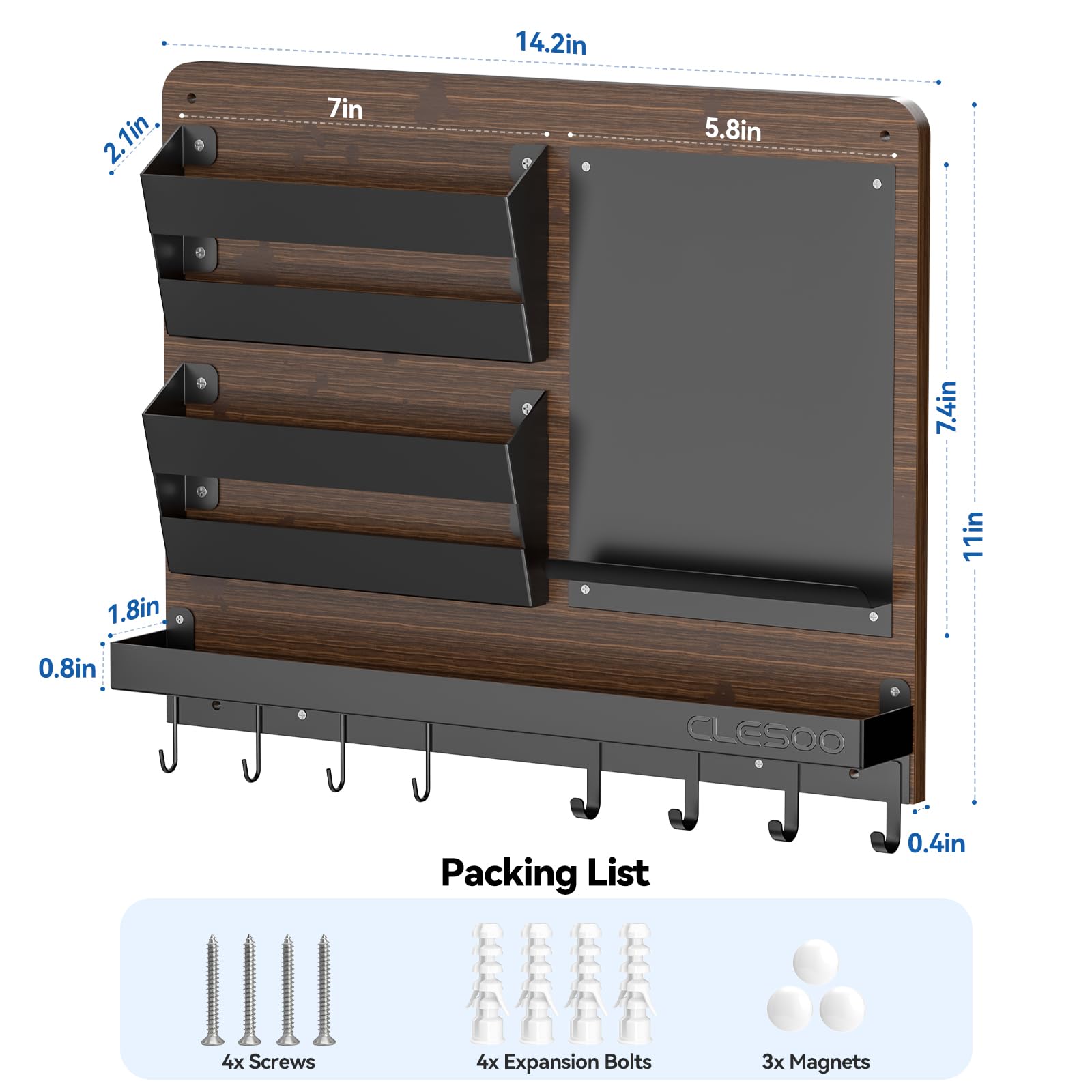 CLESOO Key and Mail Holder for Wall Mount - 8 Key Hooks Mail Organizer Wall Mount with 2 Mail Holders, Magnetic Board, Floating Shelf - Key Rack Hanger Home Decorative for Entryway Hallway Letter