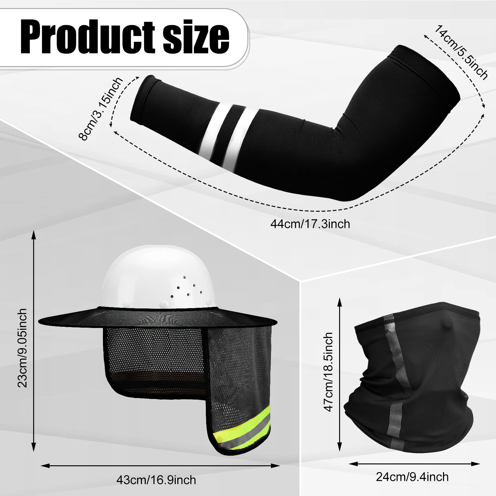 8 Pcs Hard Hat Full Brim Sun Shade Mesh Neck Sun Block Protection Neck Gaiter Bandana Face Scarf with UV Strap Arm Sleeves(Black,Gray)