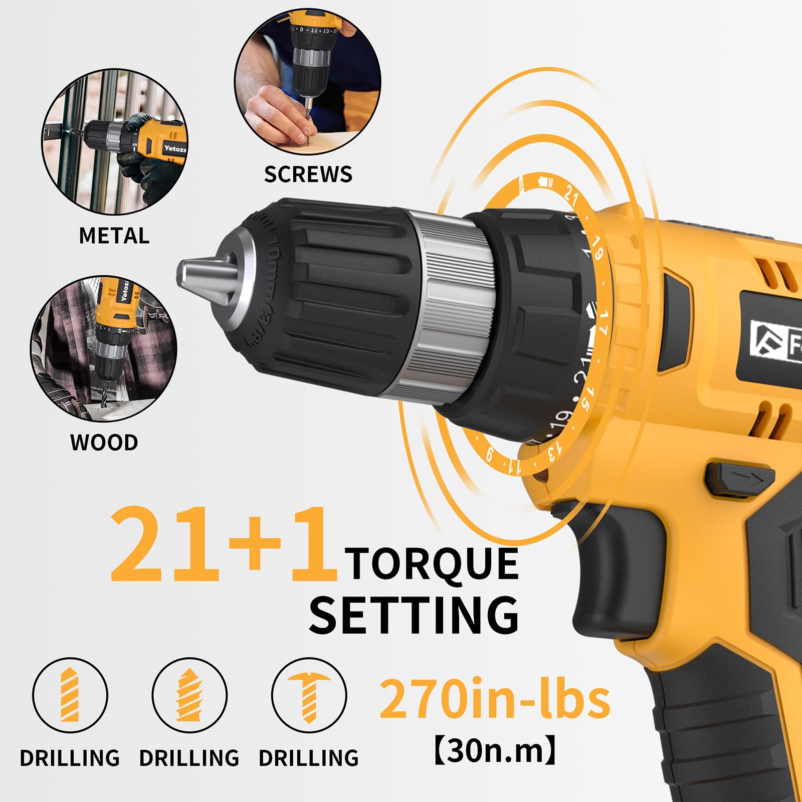 FADAKWALT Cordless Drill Set, 20V Electric Power Drill with Battery And Charger, Torque 30N, 21+1 Torque Setting, 3/8-Inch Keyless Chuck, Drill Driver Bits Kit, with LED Electric Drill Set. (Yellow)