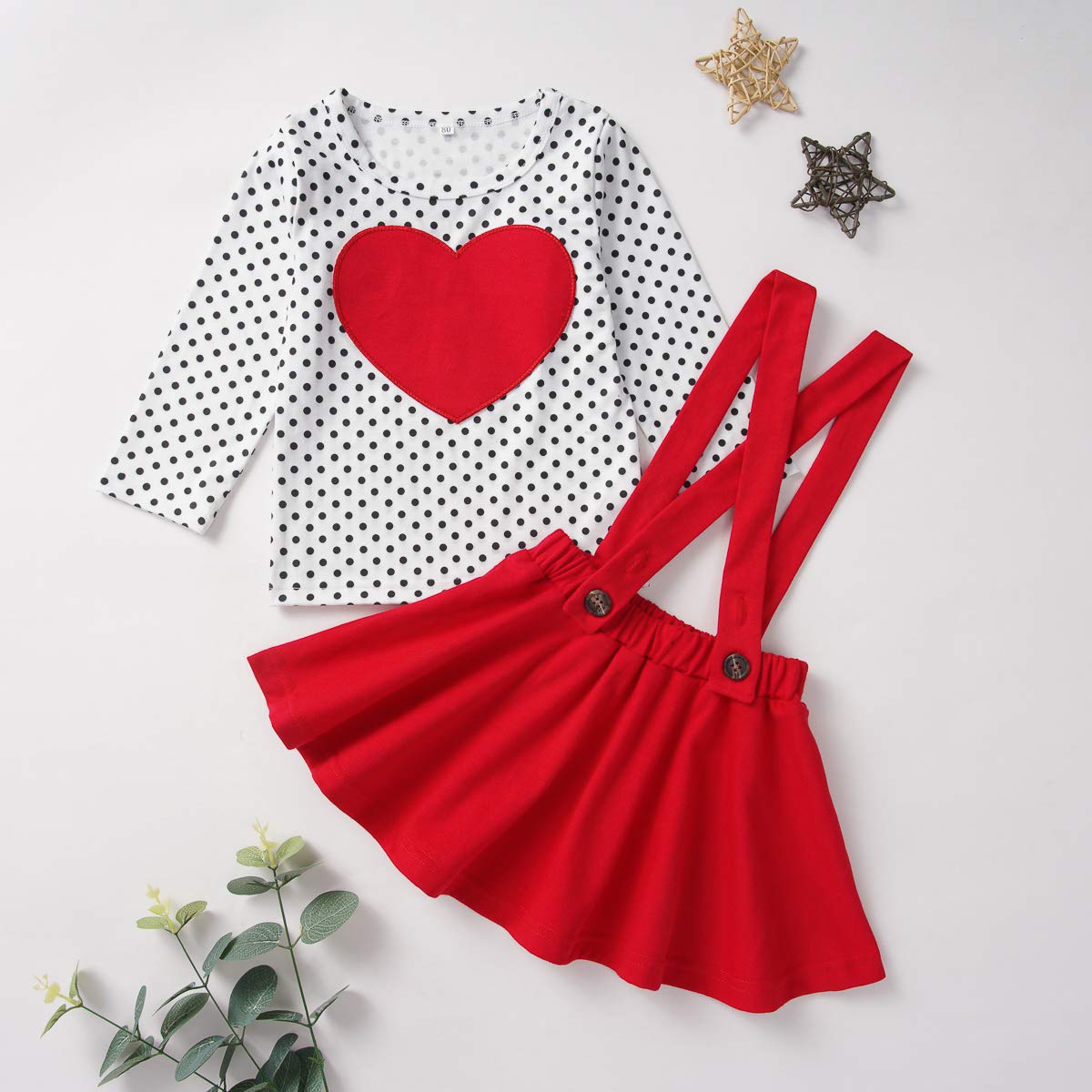 YOUNGER TREE Toddler Baby Girl Valentine's Day Outfit Long Sleeve Dot Heart Shirt Top+Suspender Strap Red Skirts Set(6M-5T) (Red, 3-4 y)