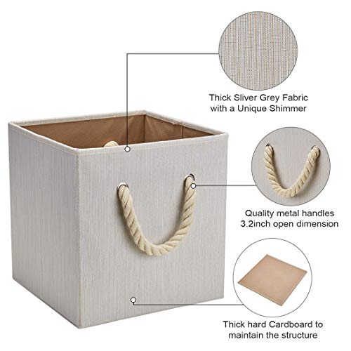 Robuy Set of 4 Beige Foldable Bamboo Fabric Cube Storage Bins with Cotton Rope Handle, Collapsible Resistant Basket Box Organizer for Shelves Size (10.5x10.5 x11 inch)