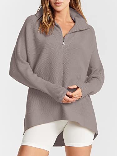 ANRABESS Women's Oversized Half Zip Sweaters 2023 Fall Quarter Zip V Neck Collared Long Batwing Sleeve Casual Loose Baggy Slouchy High Low Hem Knit Wram Tunic Sweater Winter Trendy 758hongxing-M