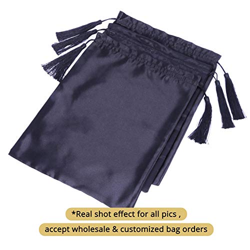 Satin Bags for Packaging Hair Extensions, Bundles, Wigs Soft Silk Pouches With Drawstring for Hair Tools Storage Bags with Tassel Gift and Travel Bag Supernova Hair (Blank Bag-Black, 3 pieces)