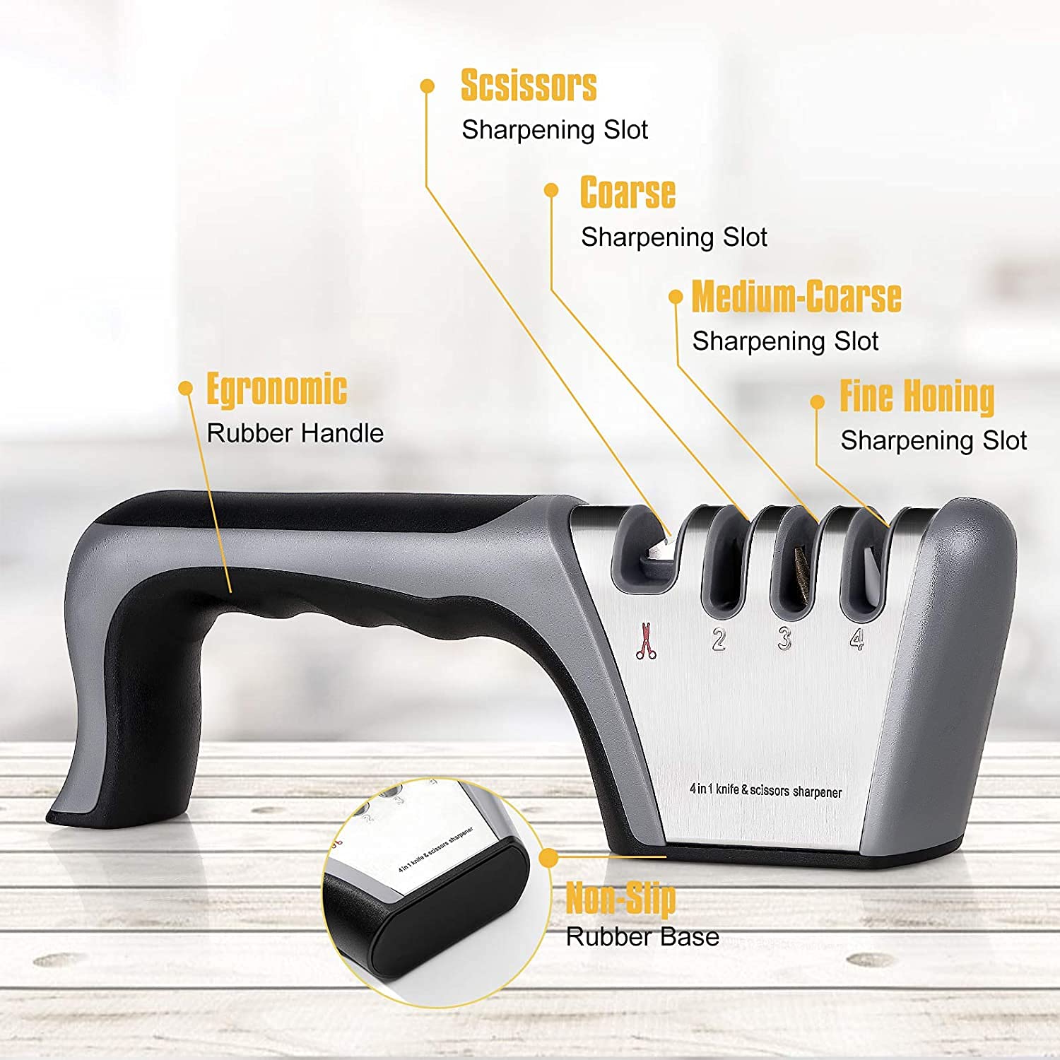 4 IN 1 Knife Sharpener, 4-Stage Knife Sharpening Tool Multifunctional Kitchen Knife Scissor Sharpener with the Diamond, Ceramic, and Tungsten Steel Rod