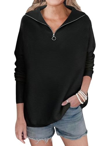 ANRABESS Women's Sweater Oversized Quarter Zipper Casual Long Sleeve Collar High Neck Ribbed Knit Loose Fit Half Zip Tunic Pullover 2023 Fashion Fall Outfits Tops 802heise-XL Black