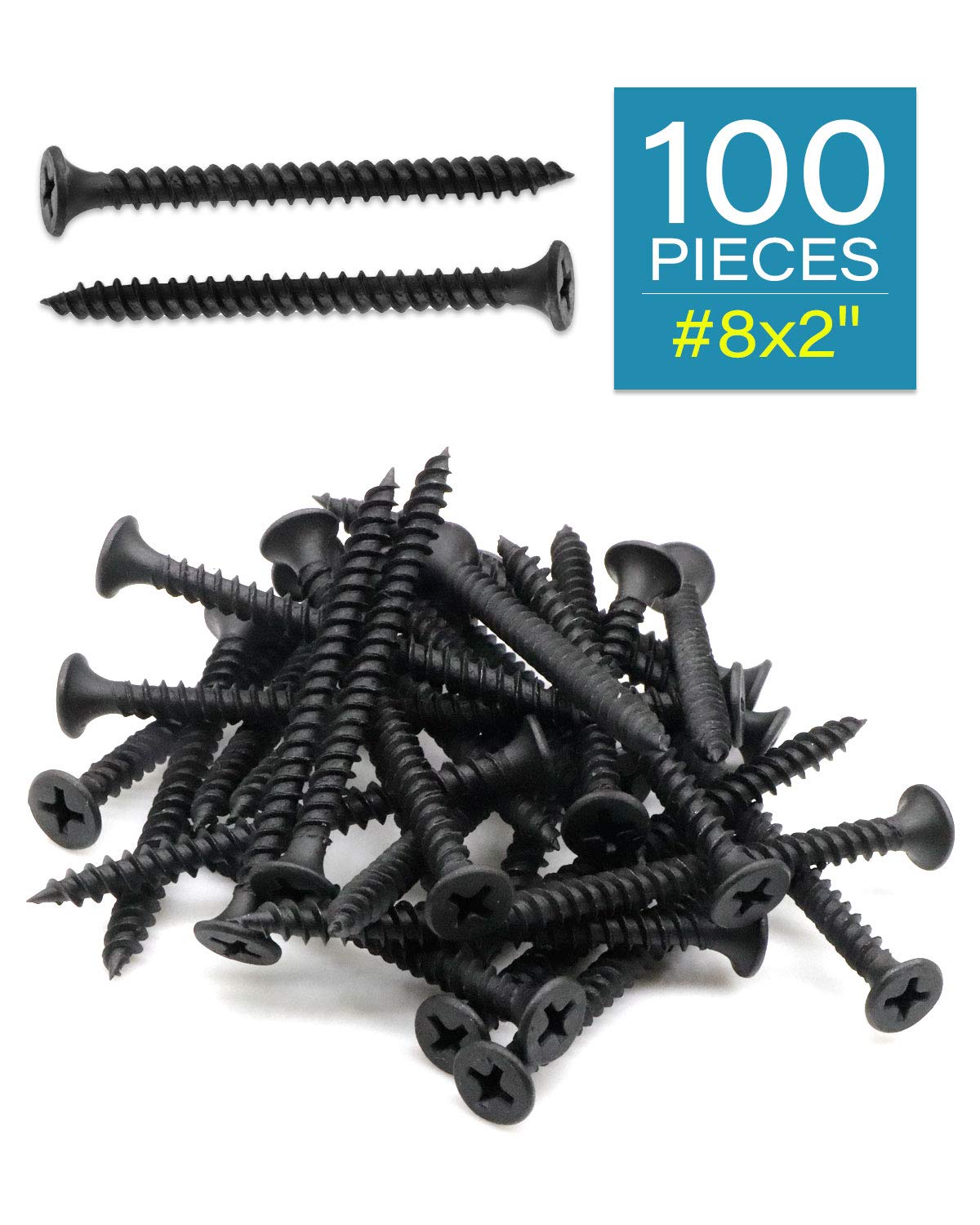 IMScrews 100pcs #8 x 2 Flat Head Phillips Drywall Screws Fine Thread Sharp Point Wood Screw, Carbon Steel 1022A, Black Phosphate