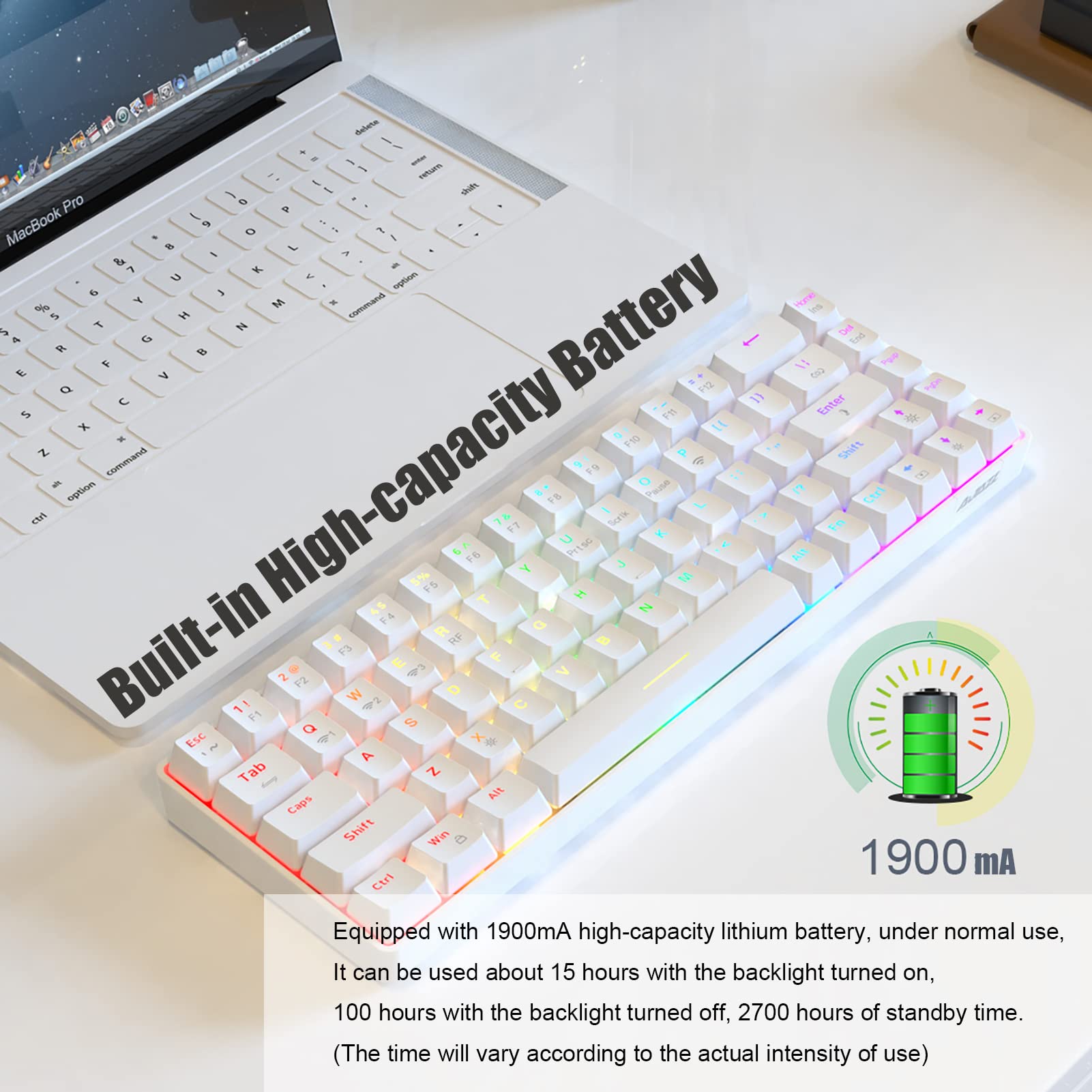 Ajazz K685T Wireless 60% Mechanical Keyboard, Bluetooth/2.4G/Wired Multi-Mode, RGB Backlight, N-Key Rollover 68 Keys, Hot Swap Switch, Compatible for Multi-Device Connection (White, Brown Switch)