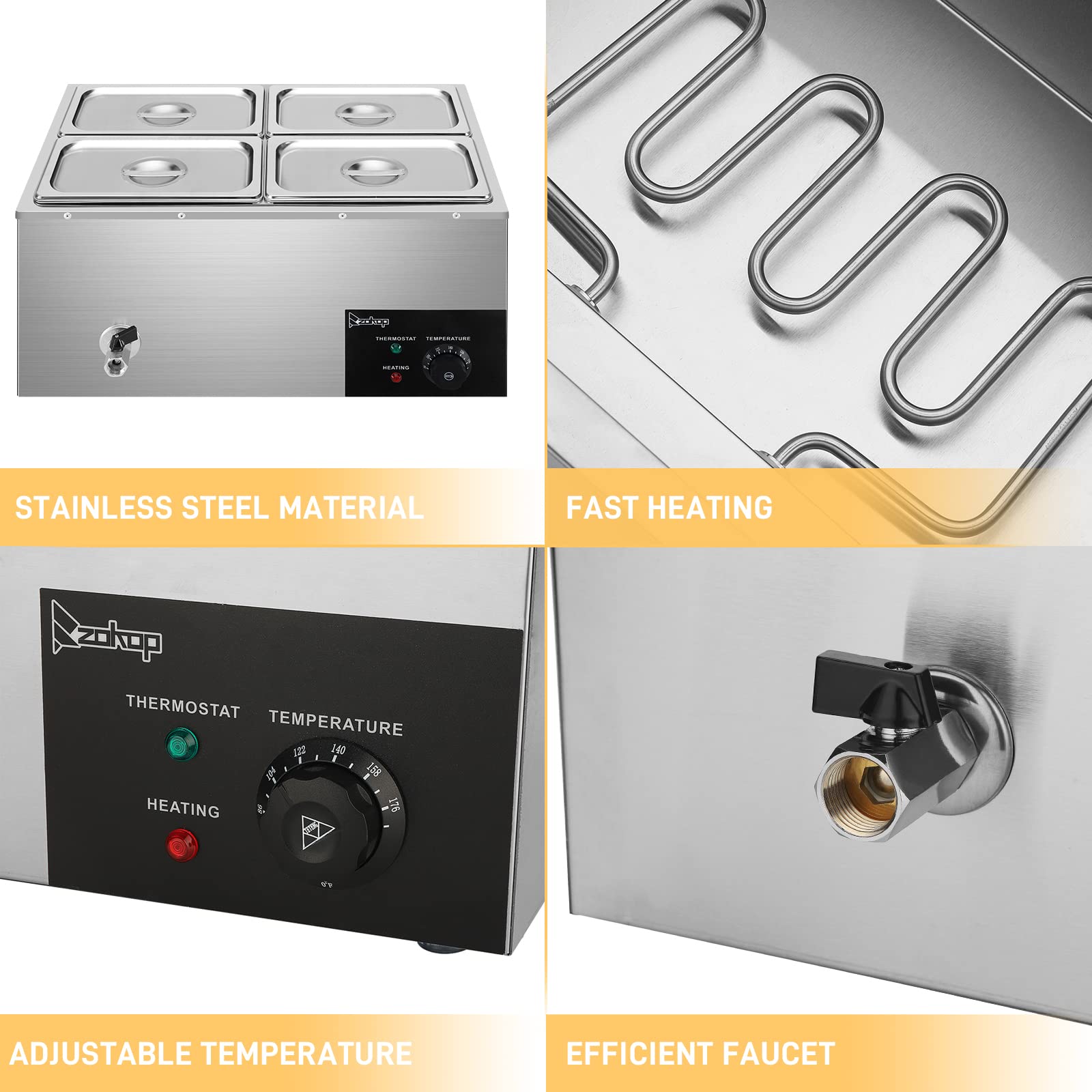 600W Commercial Food Warmer 5L x 4 Stainless Steel Plates Heating Food Warming Soup Pool 30-85°C/86-185°F