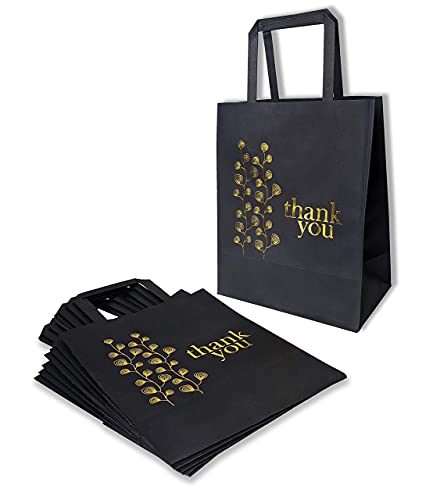 Thank You Bags Bulk with Flat Handles Pack of 50, Black Kraft Paper Bags with Gold Foil Stamp Image Medium Size 10x 4.75 x 8 Inches